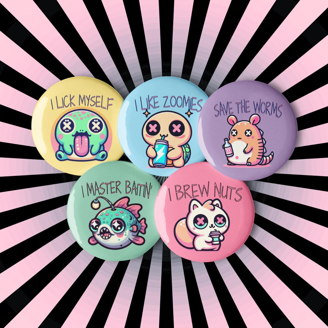 Trippy Cute Weirdcore Kawaii Pastel Goth Bad Habit Animals Set of 5 Pin ...