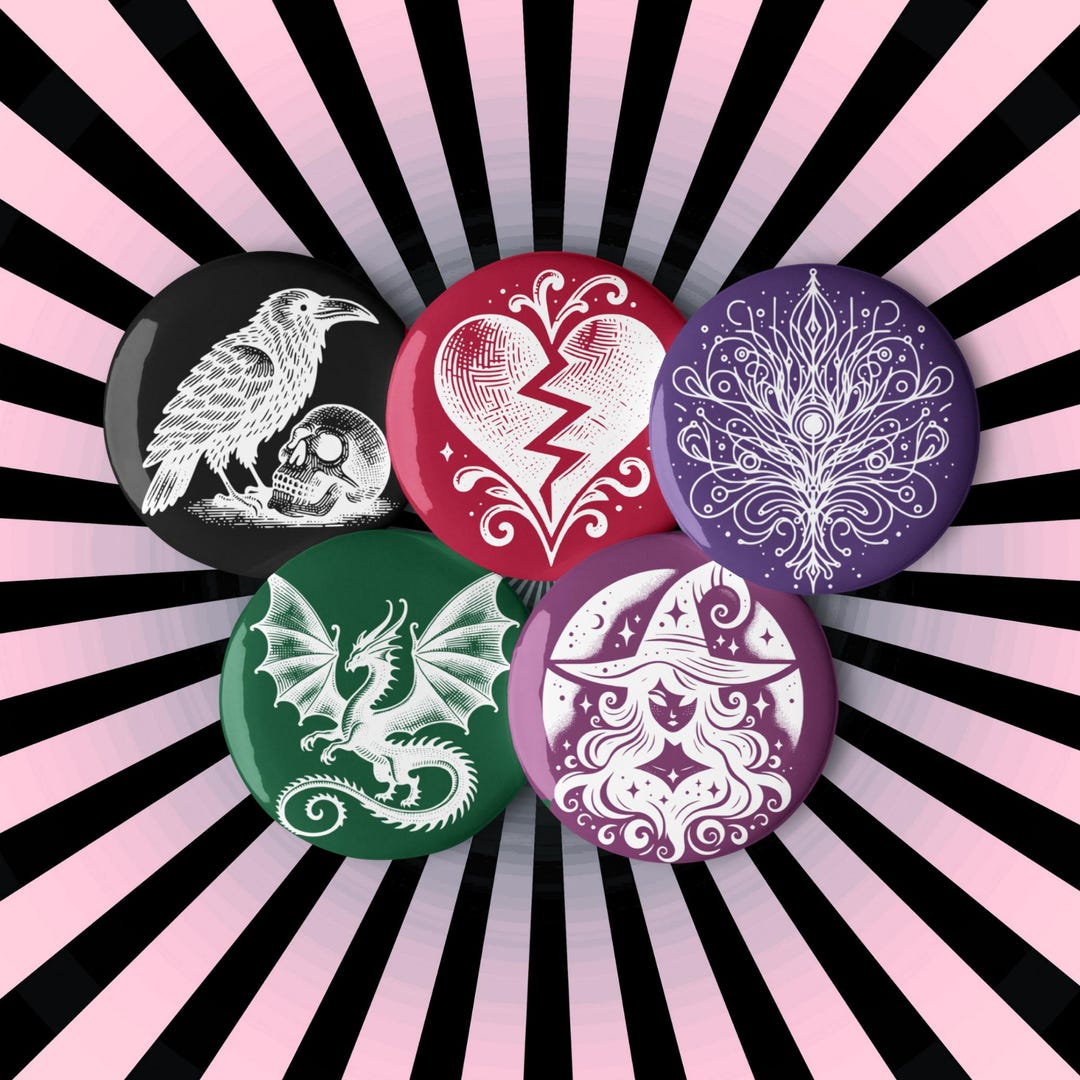 Vibrant Colored Gothic Art Set of 5 Pin Buttons of Raven Witch Dragon ...