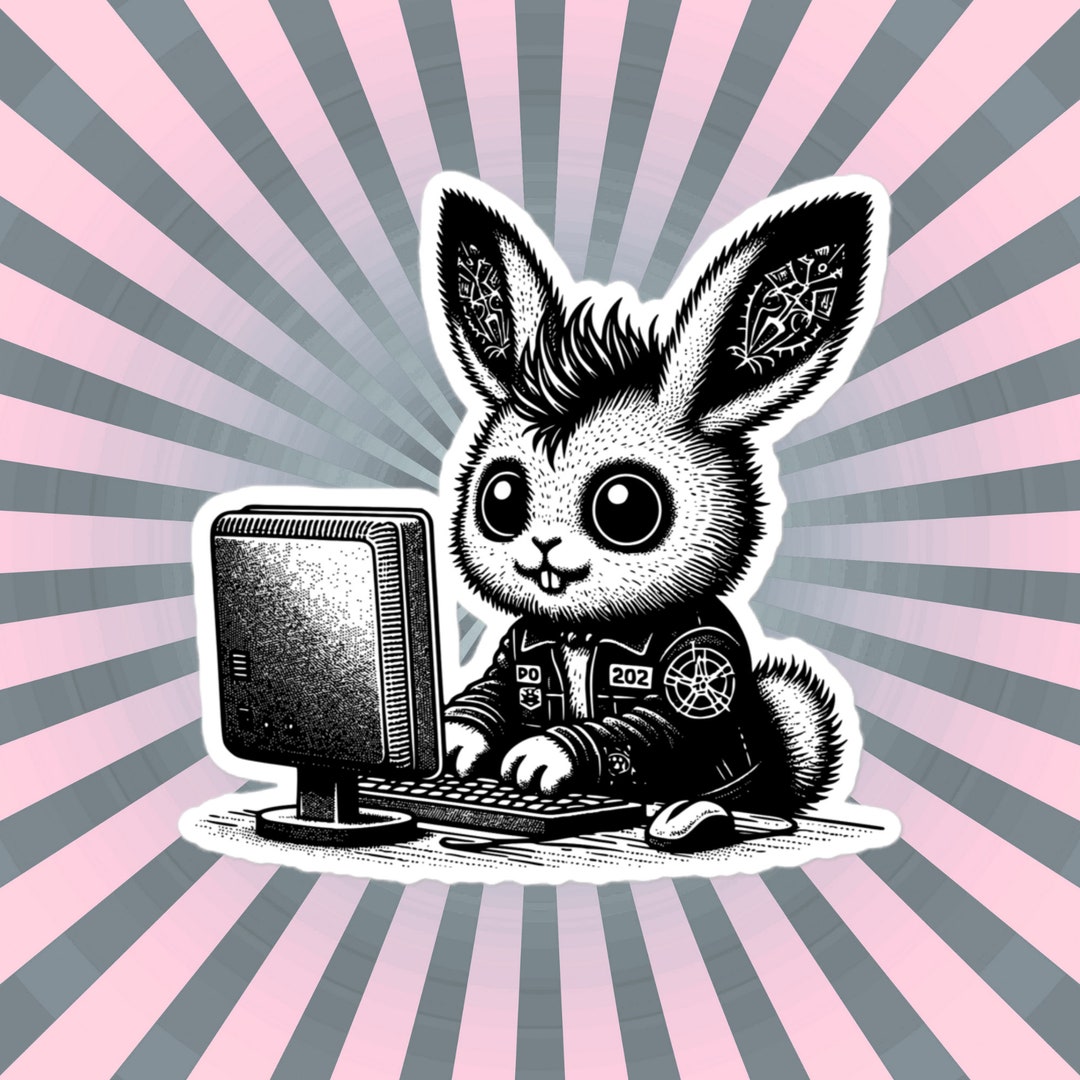 Punk Rock Bunny on Computer Sticker, Cyberpunk Rabbit With Tech Sticker ...