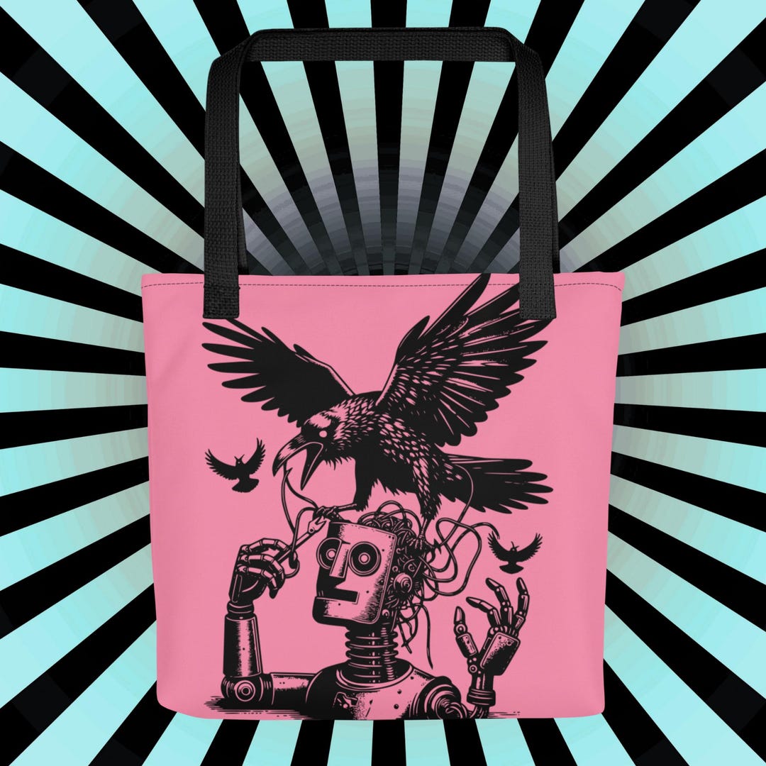 Cyberpunk Crow and Robot Tote Bag – Dark Gothic Raven Art, Pink Tech ...