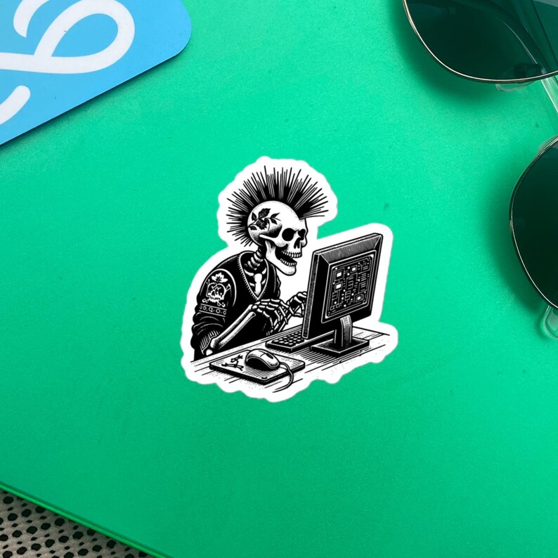 Punk Rock Skeleton on Computer Sticker, Cyberpunk Skeleton With Tech ...