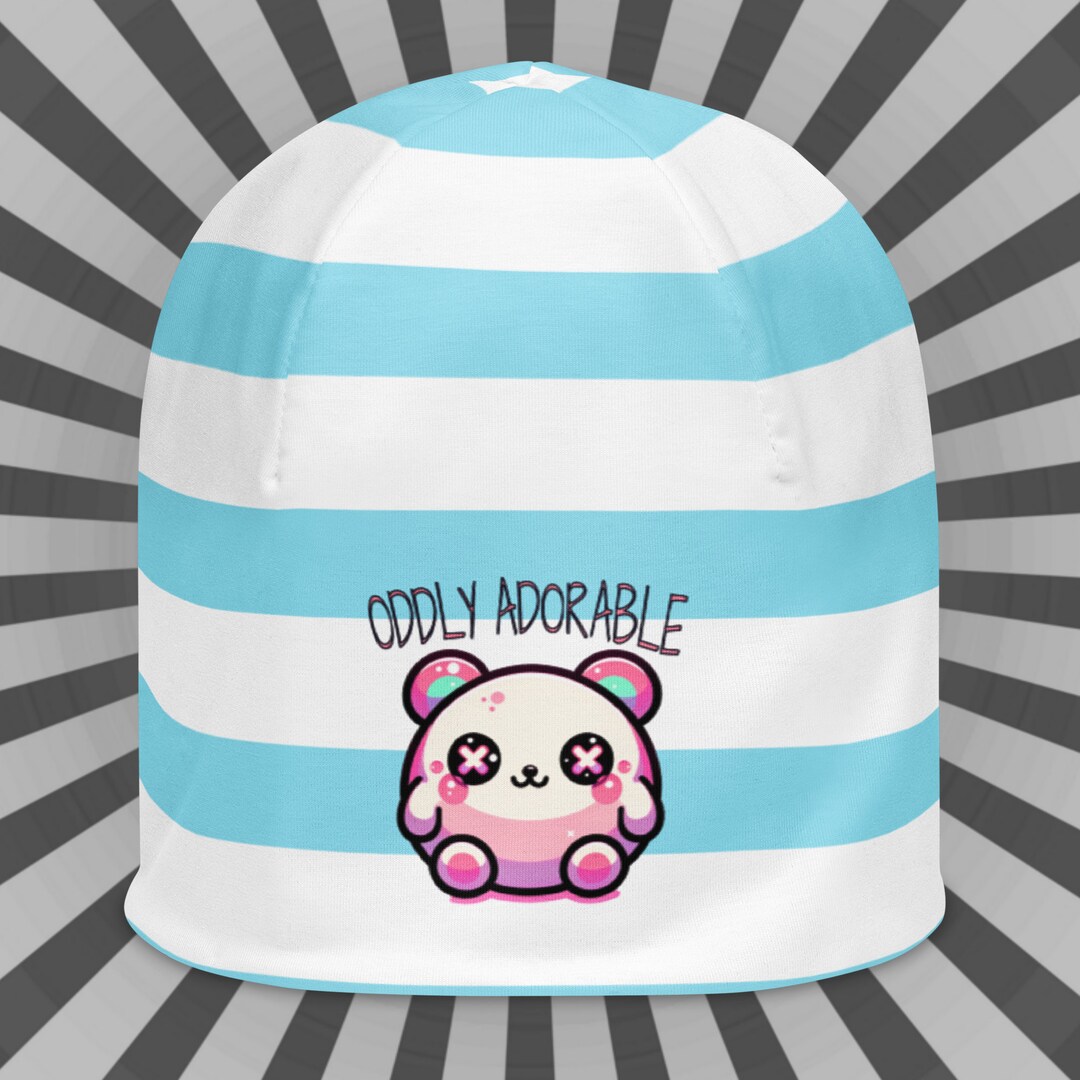 Weirdcore Pastel Goth Grunge Cute Bear Striped Beanie, Oddly Adorable ...