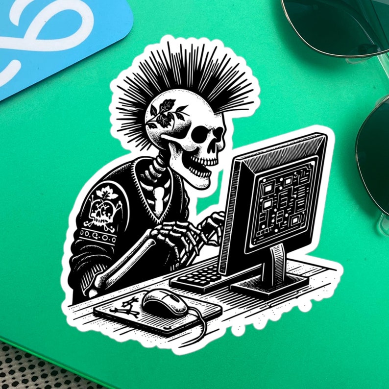 Punk Rock Skeleton on Computer Sticker, Cyberpunk Skeleton With Tech ...