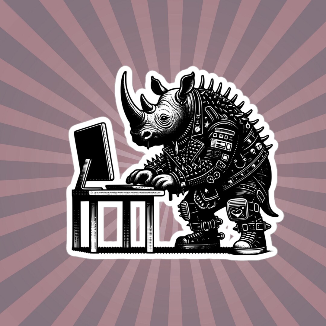 Punk Rock Rhino on Computer Sticker, Cyberpunk Rhinoceros With Tech ...