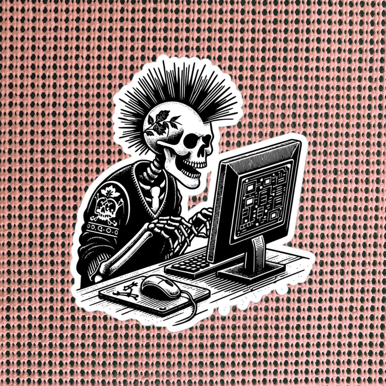 Punk Rock Skeleton on Computer Sticker, Cyberpunk Skeleton With Tech ...