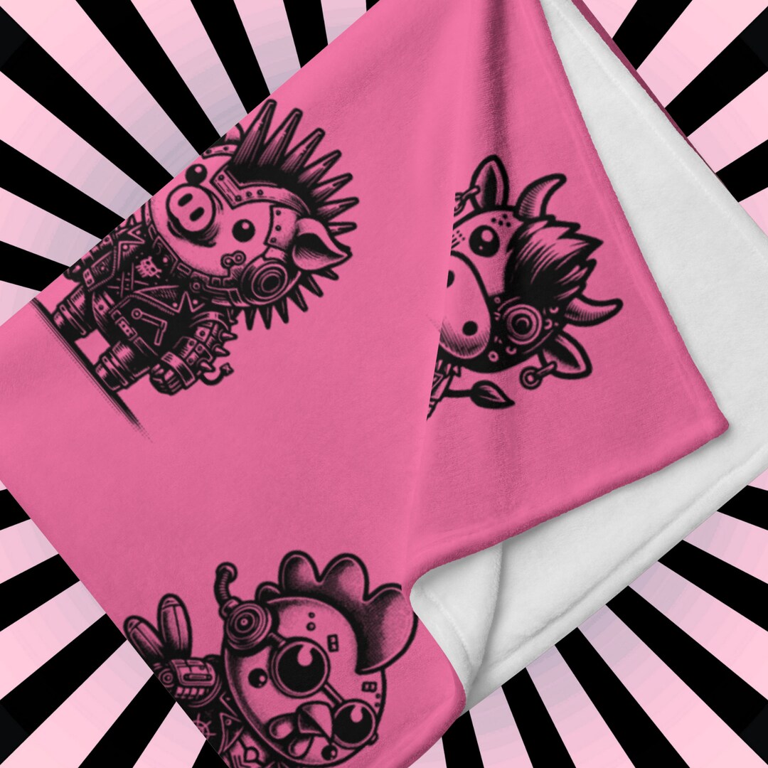 PINK Gothic Cyborg Farm Animals Throw Blanket Steampunk Cow, Chicken ...