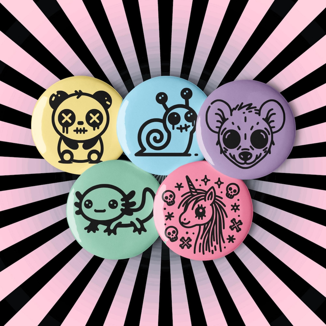 Spooky Cute Pastel Goth Weirdcore Animal Set of 5 Button Pins - Etsy