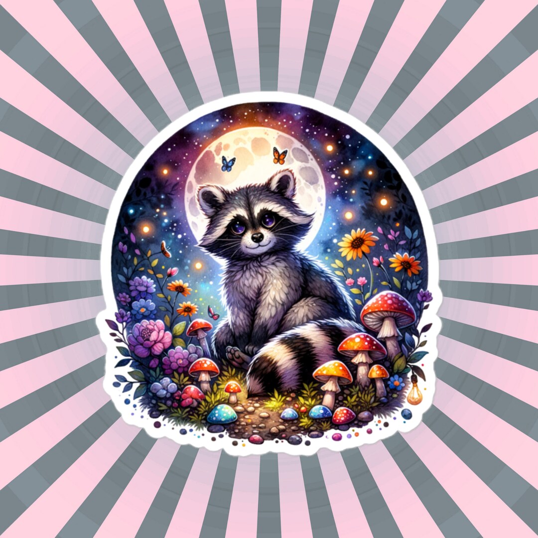 Whimsical Goth Raccoon Vinyl Sticker, Moonlight Mushroom Art - Etsy