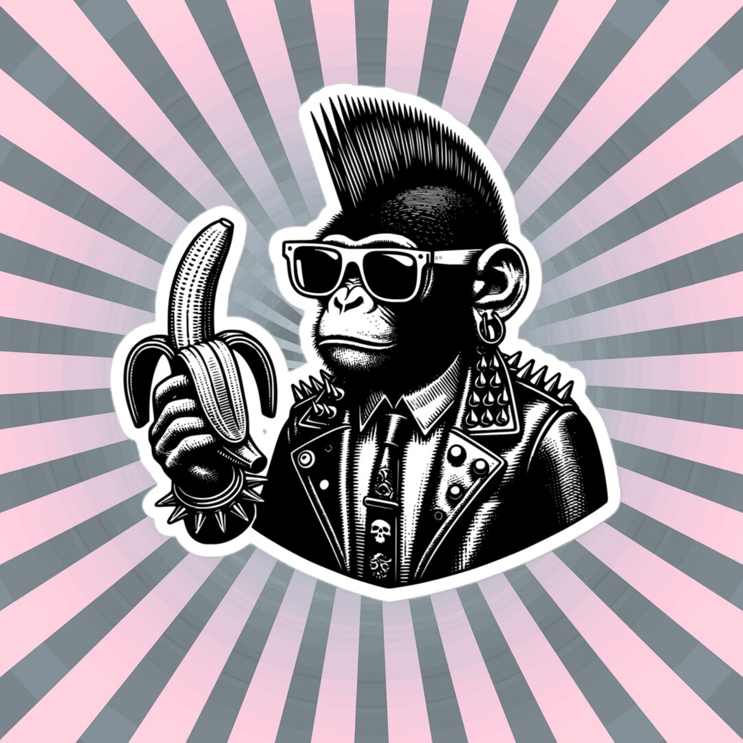 Punk Rock Monkey With Banana Energy Sticker, Weirdcore Cyberpunk Chimp ...