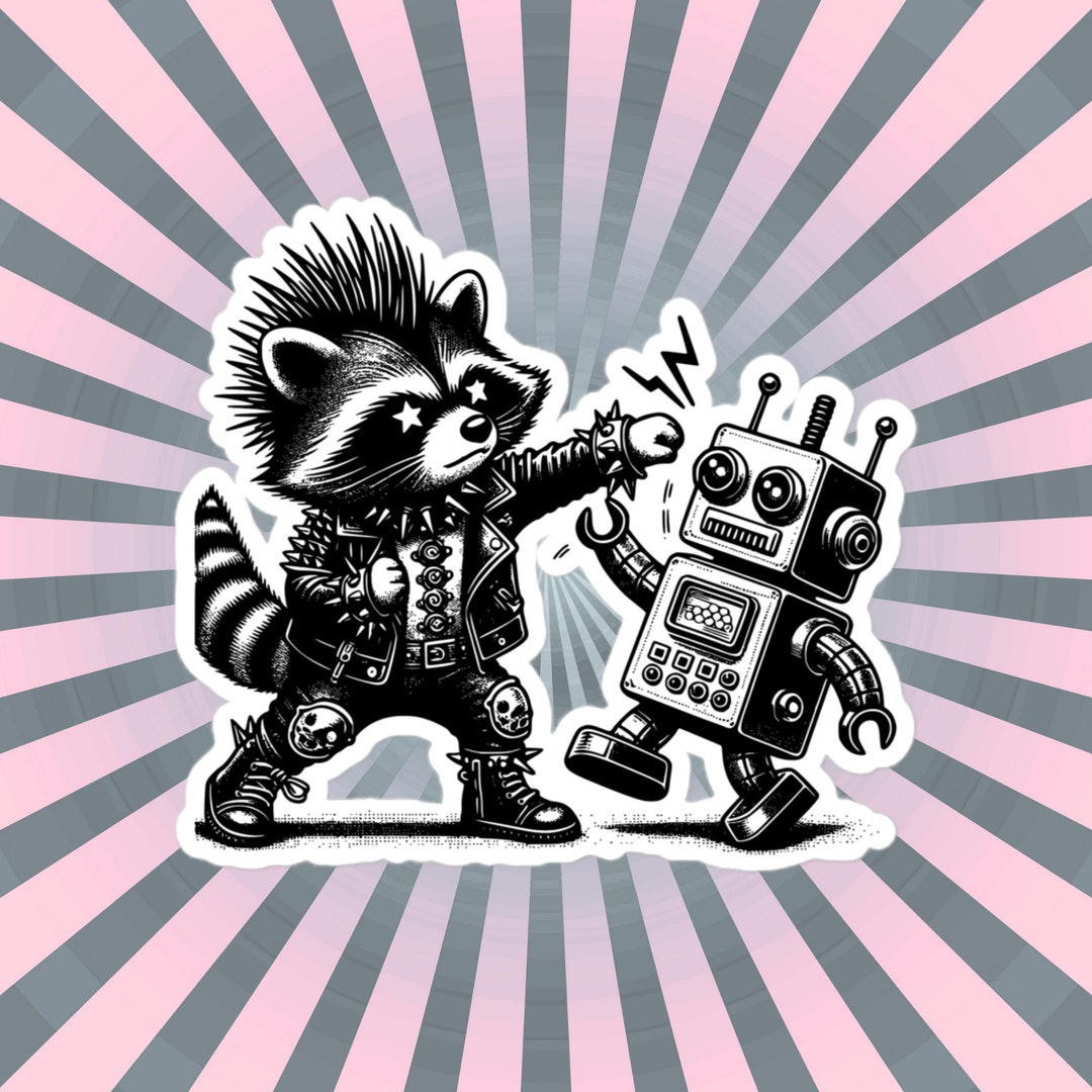 Punk Rock Raccoon Fighting Robot Sticker, Weirdcore Raccoon Vs Machine ...