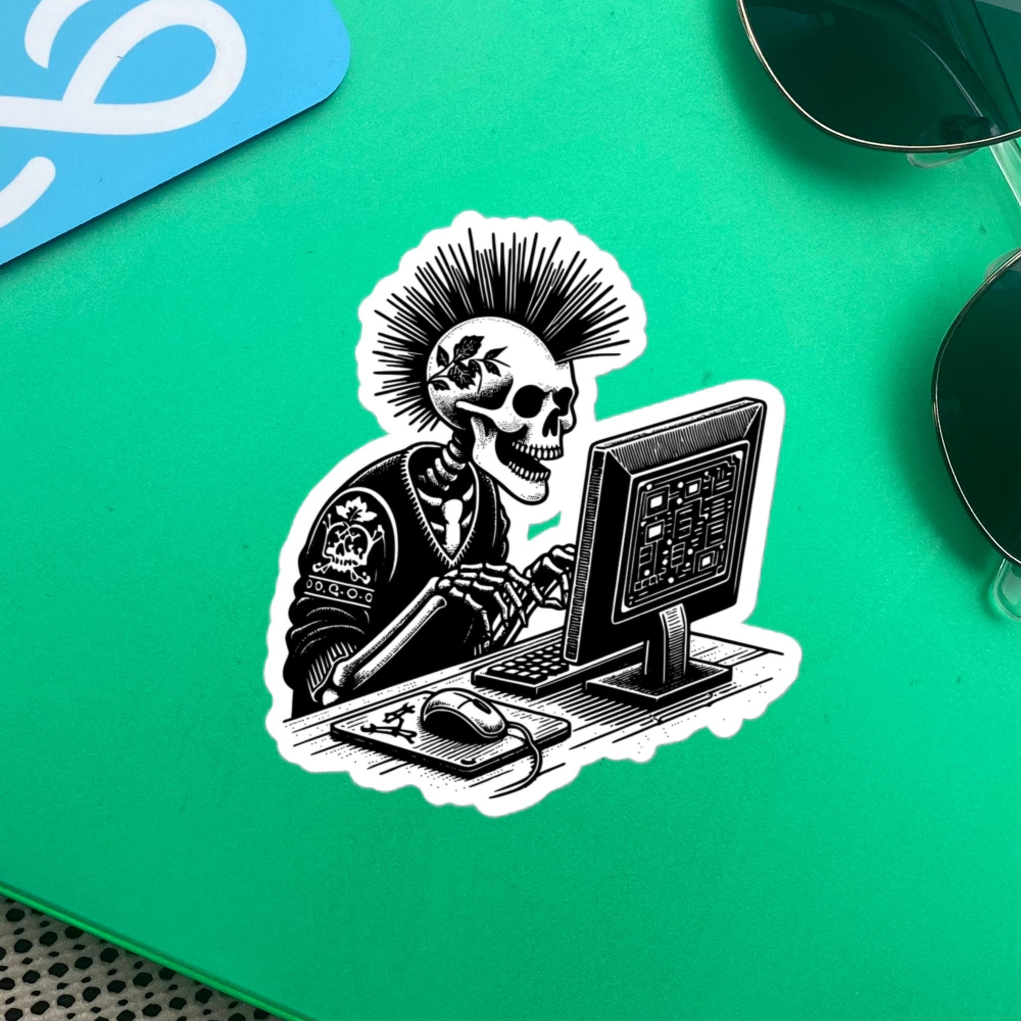 Punk Rock Skeleton on Computer Sticker, Cyberpunk Skeleton With Tech ...