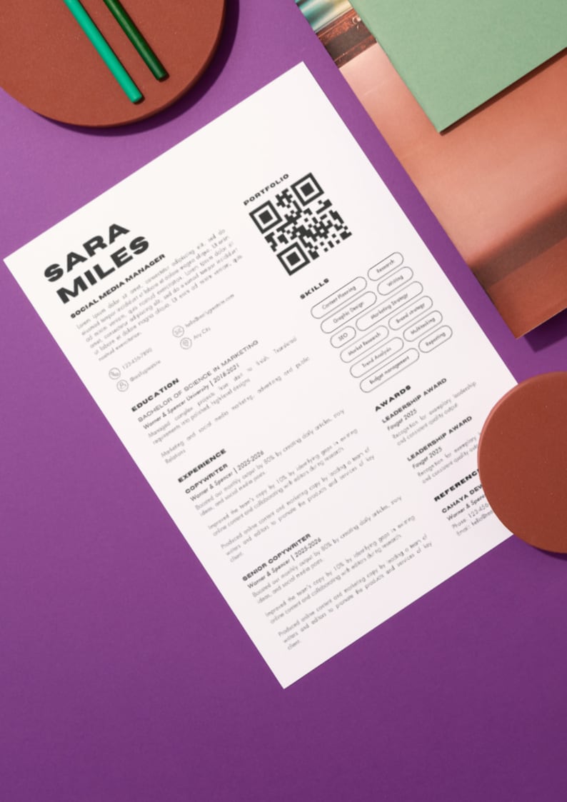 Resume CV Template, Creative Professional, Bold, Individual, White Black QR Code - Canva ...