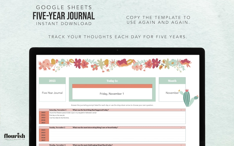 Five-year Journal for Google Sheets, Journal Your Reflections Using ...