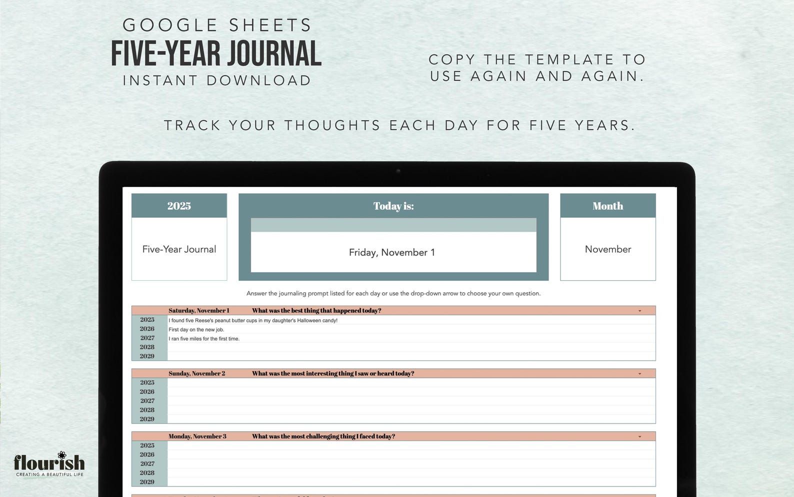 Five-year Journal for Google Sheets, Journal Your Reflections Using ...