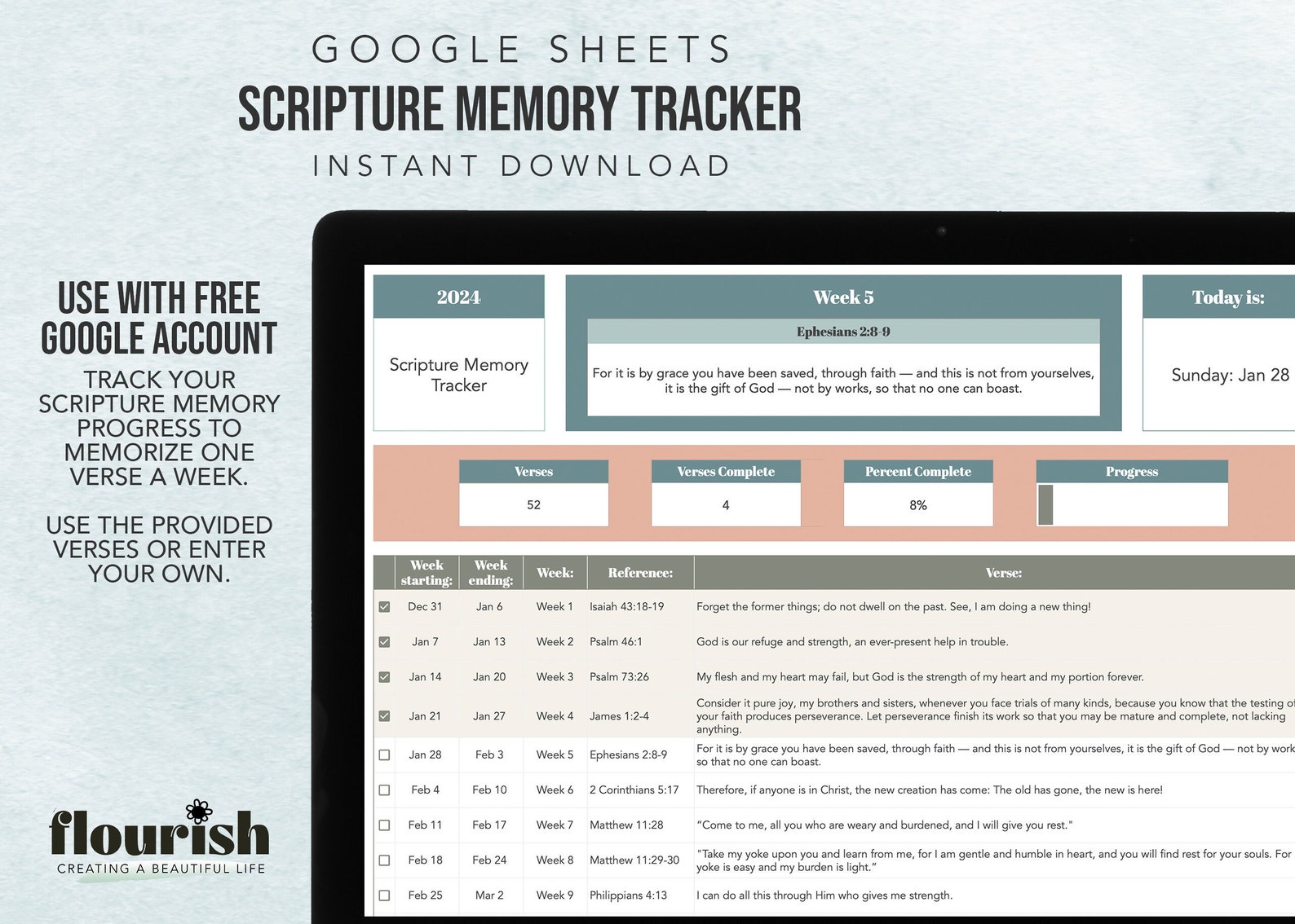 Scripture Memory Tracker for Google Sheets, 52 Bible Verses to Memorize ...