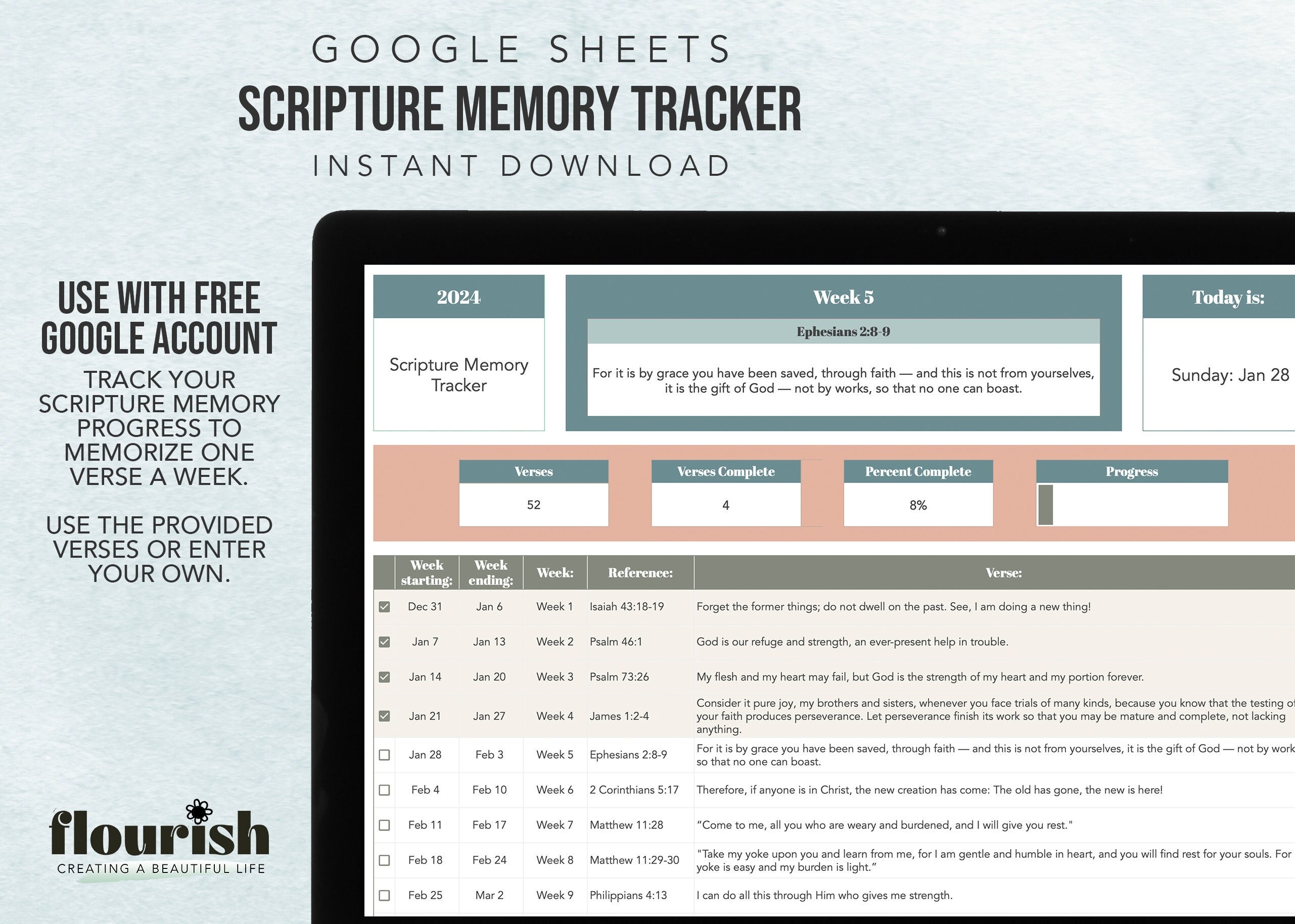 Scripture Memory Tracker for Google Sheets, 52 Bible Verses to Memorize ...