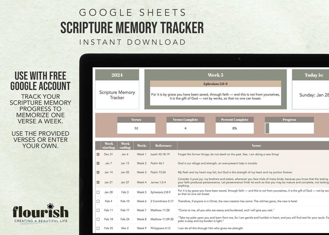 Scripture Memory Tracker for Google Sheets, 52 Bible Verses to Memorize ...