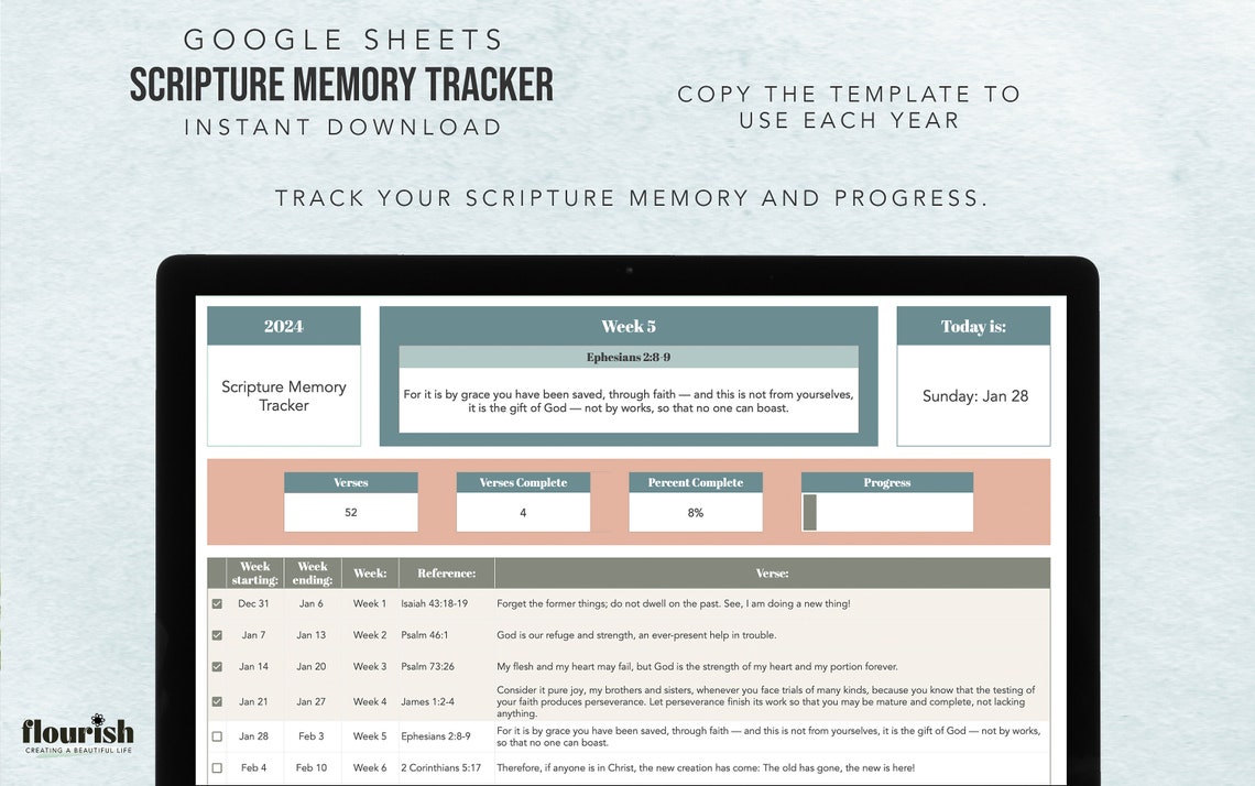 Scripture Memory Tracker for Google Sheets, 52 Bible Verses to Memorize ...