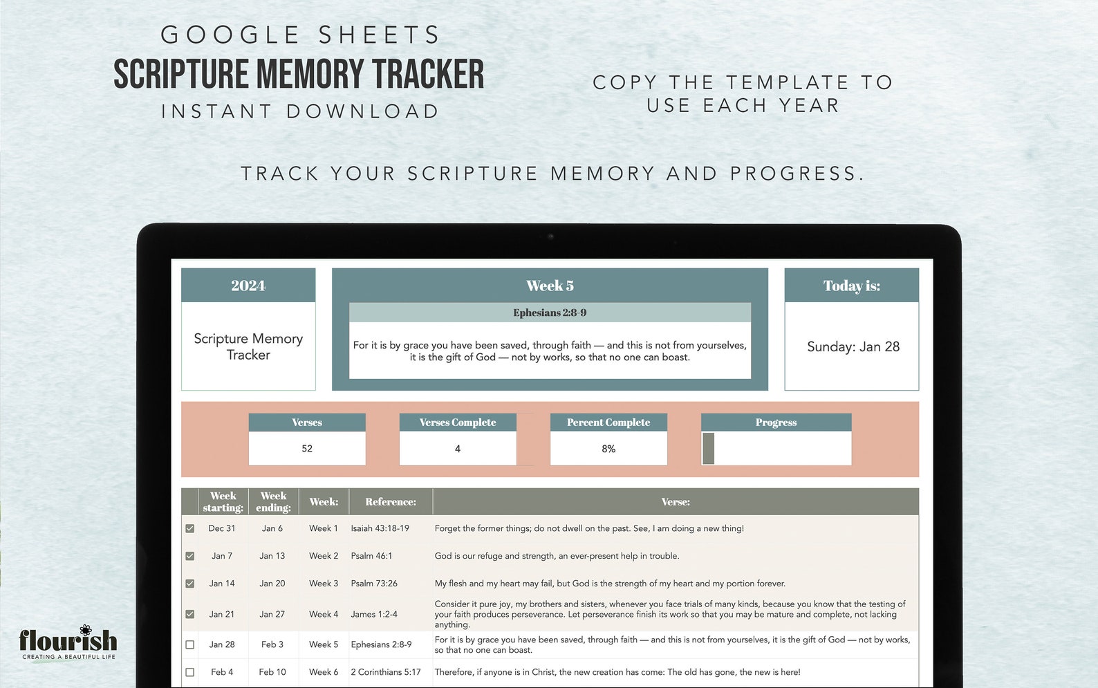 Scripture Memory Tracker for Google Sheets, 52 Bible Verses to Memorize ...