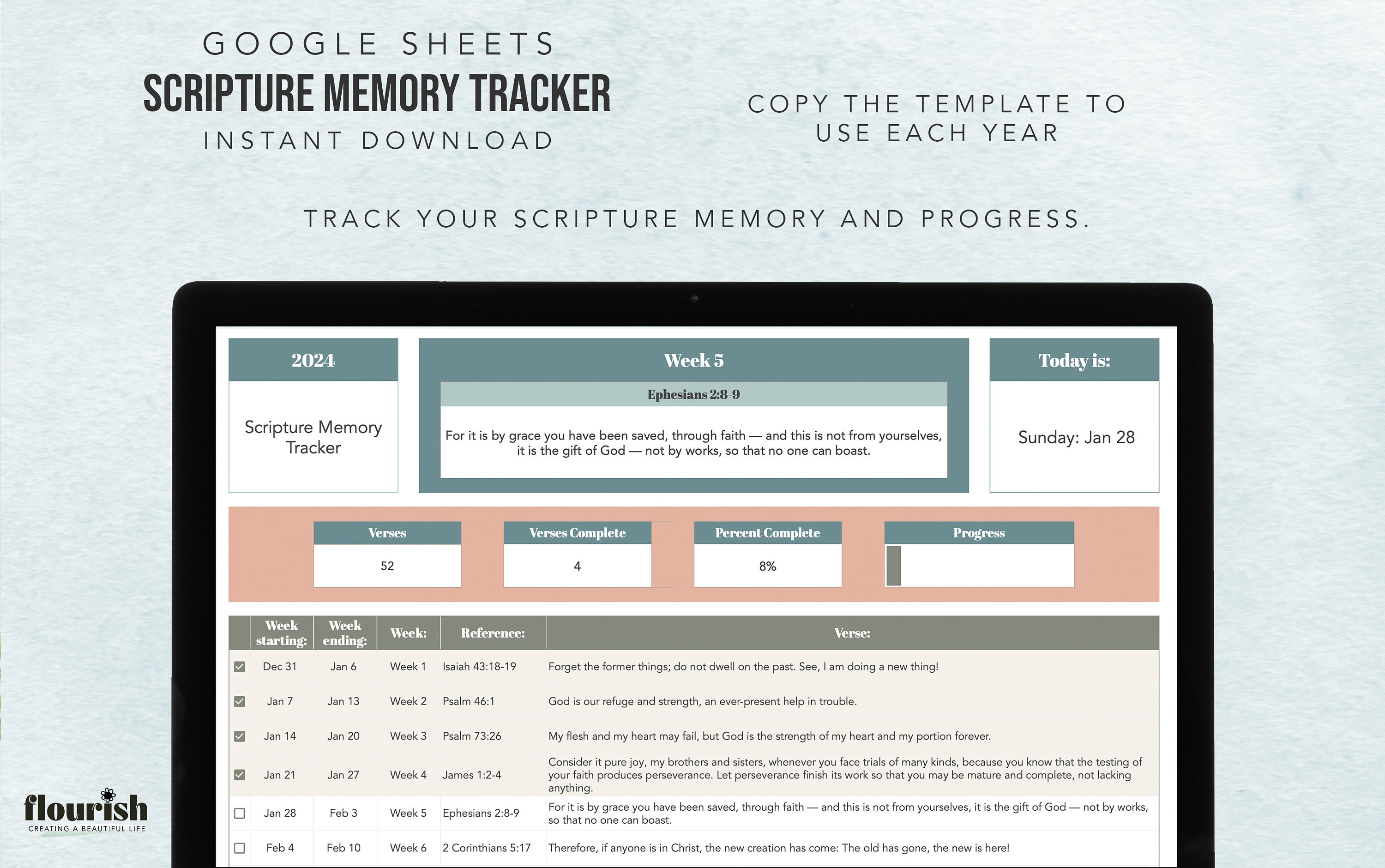 Scripture Memory Tracker for Google Sheets, 52 Bible Verses to Memorize ...