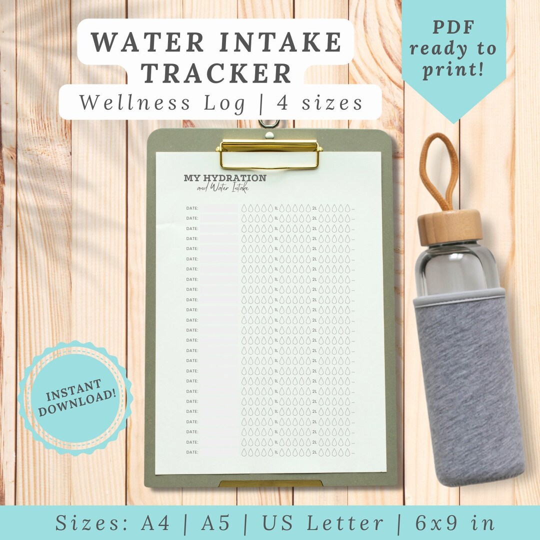 Water Intake Tracker Daily Hydration Log Printable A4, A5, Letter, and ...