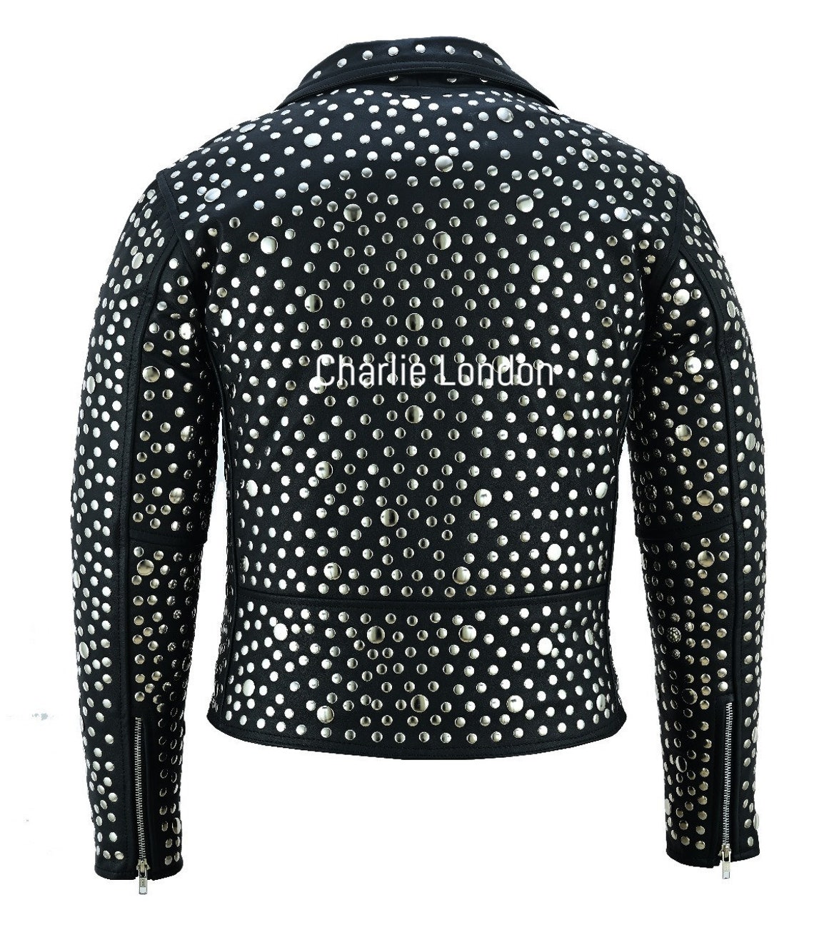 Womens Handmade Silver Full Studded Black Designer Leather Biker Jacket ...