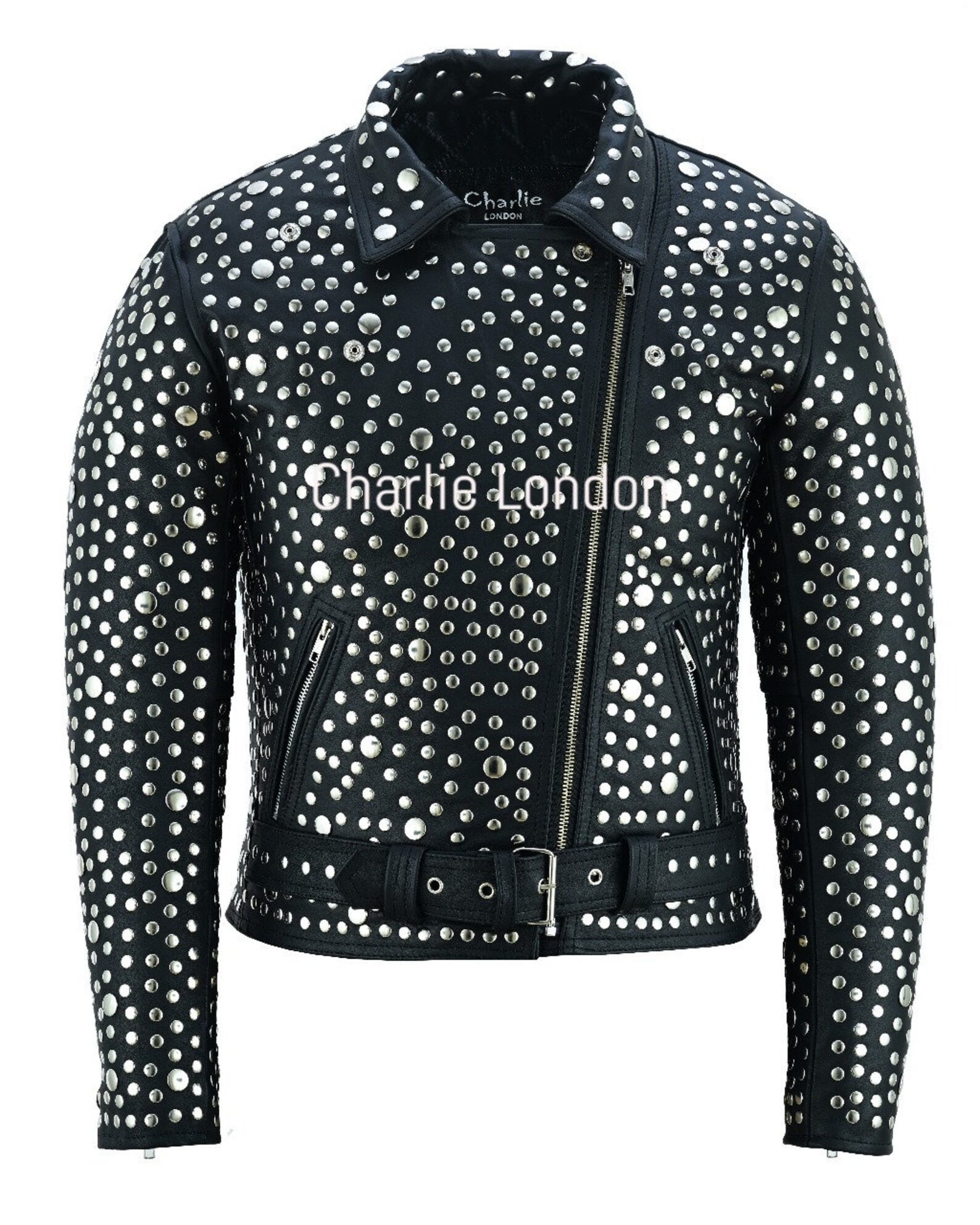 Womens Handmade Silver Full Studded Black Designer Leather Biker Jacket ...
