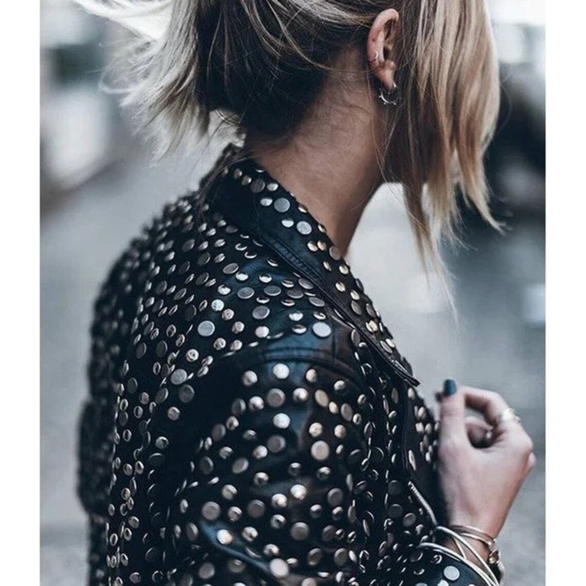 Womens Handmade Silver Full Studded Black Designer Leather Biker Jacket Handmade High Quality ...