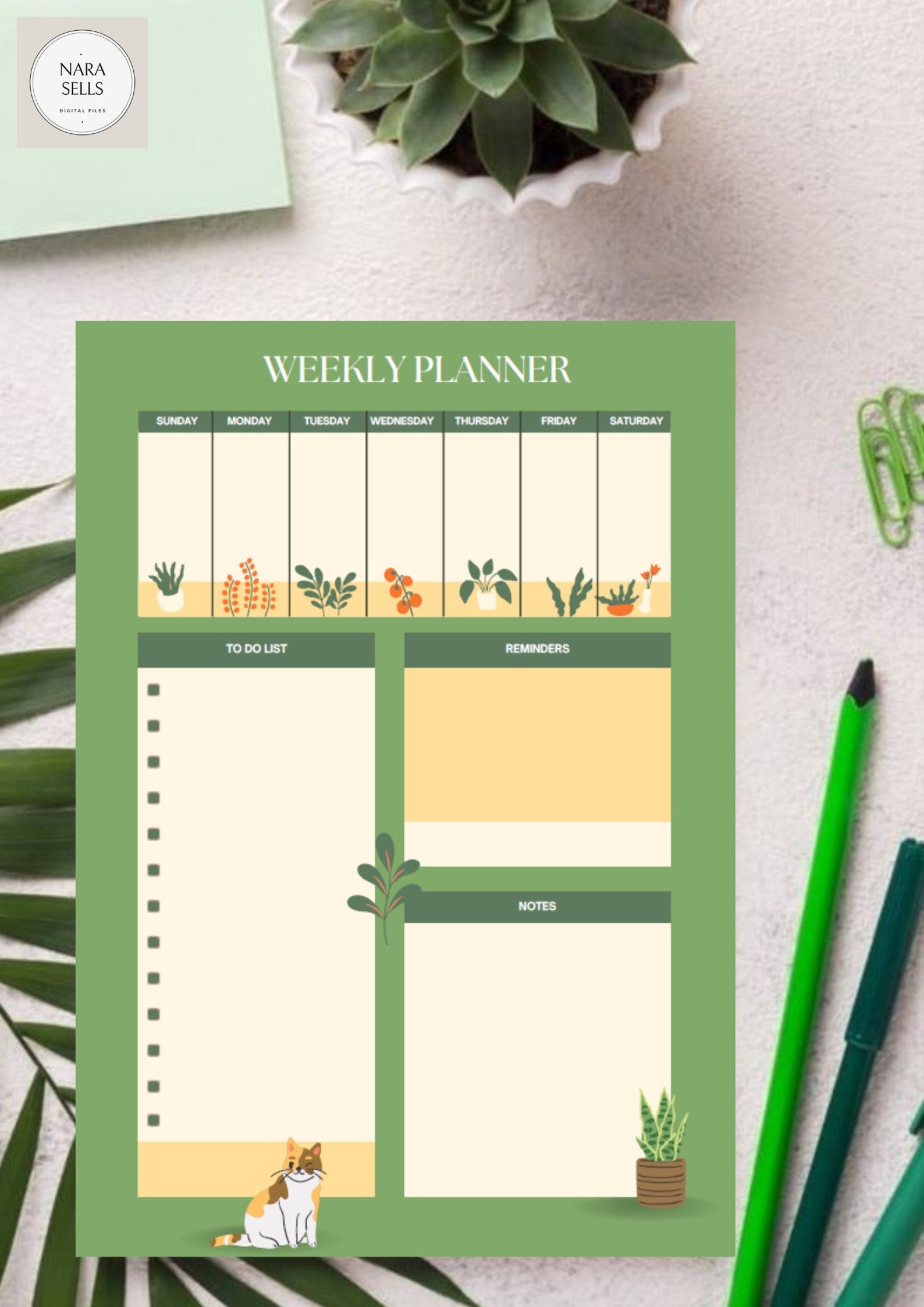 Green Illustrated Plant Weekly Planner - Etsy