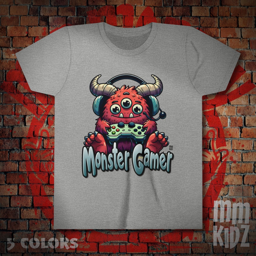 Adorable Cartoon Monster Gamer Kids Graphic Tee, Cute Video Gaming T ...