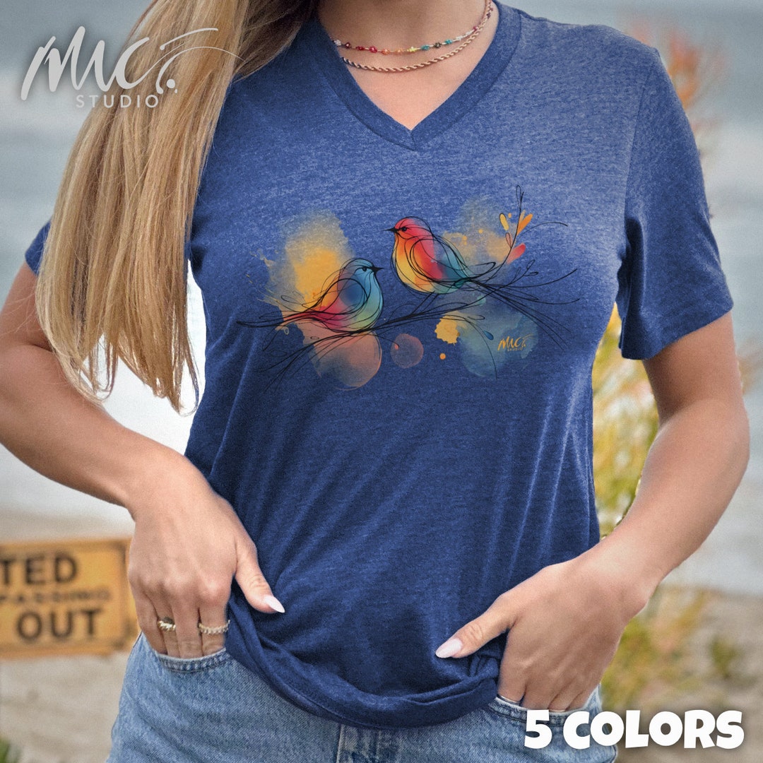 Vibrant Watercolor Bird V-neck T-shirt | Artistic Avian Graphic Tee ...
