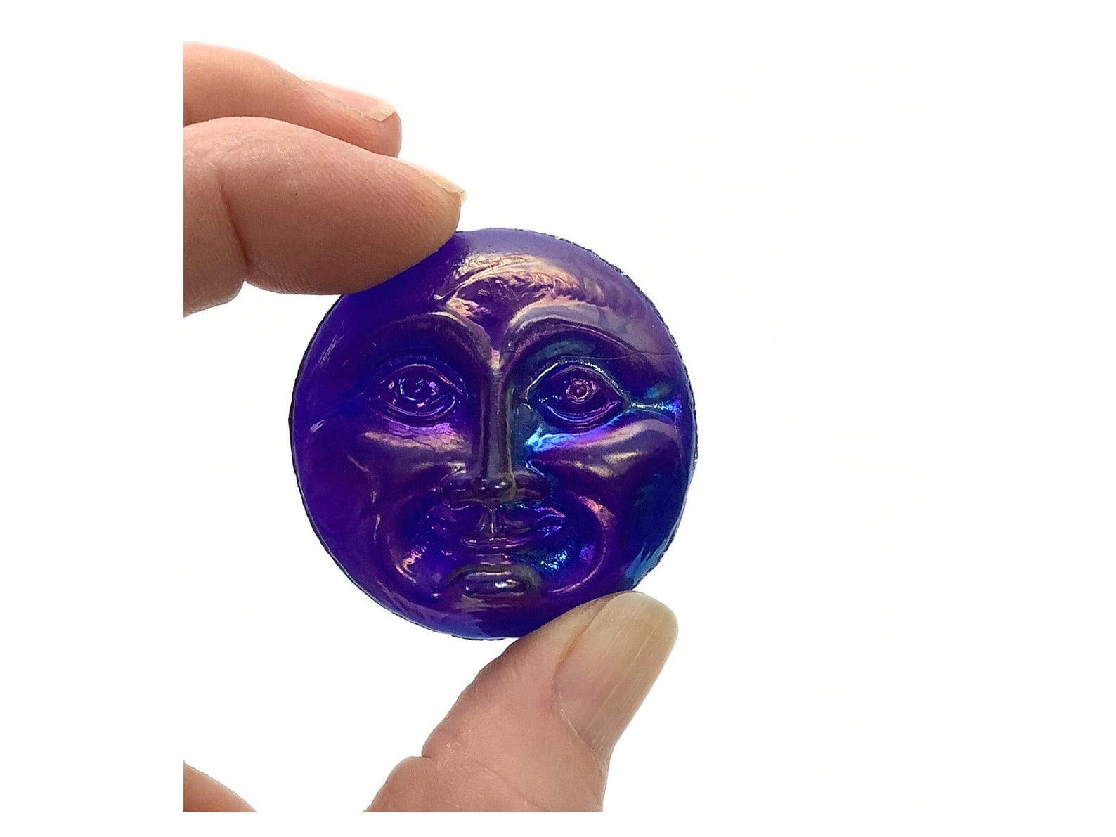 Blue Moonface Glass Jewel, Chicago Art Glass, 40mm Moonface, Iridescent ...