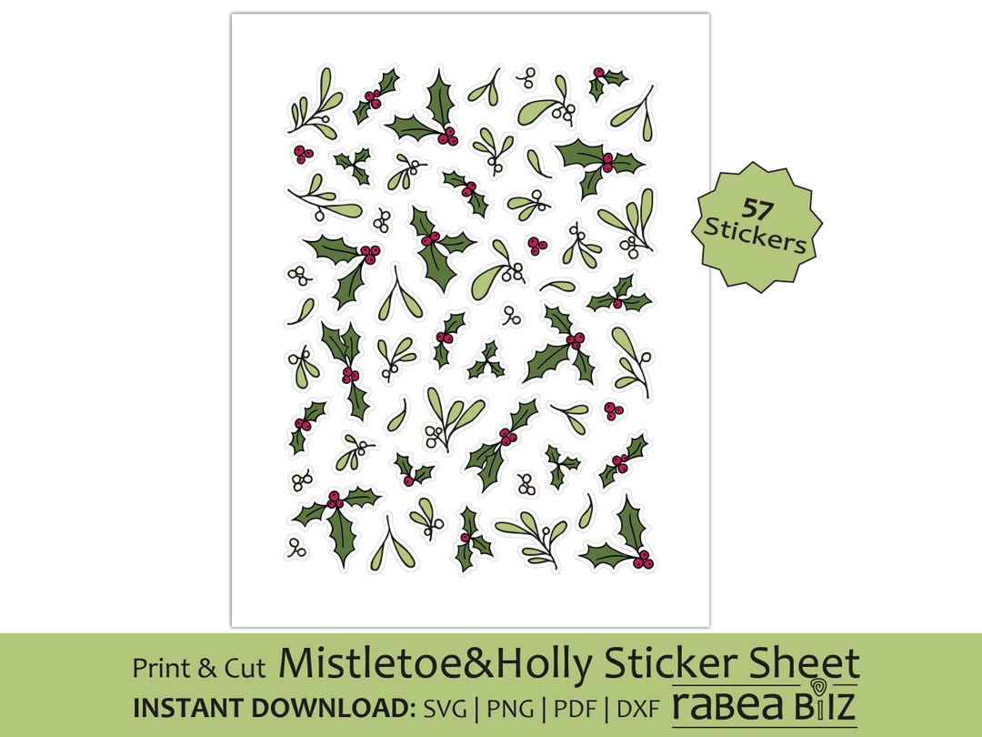 Mistletoe Holly Branches and Berries Printable Sticker Sheet, Greenery ...