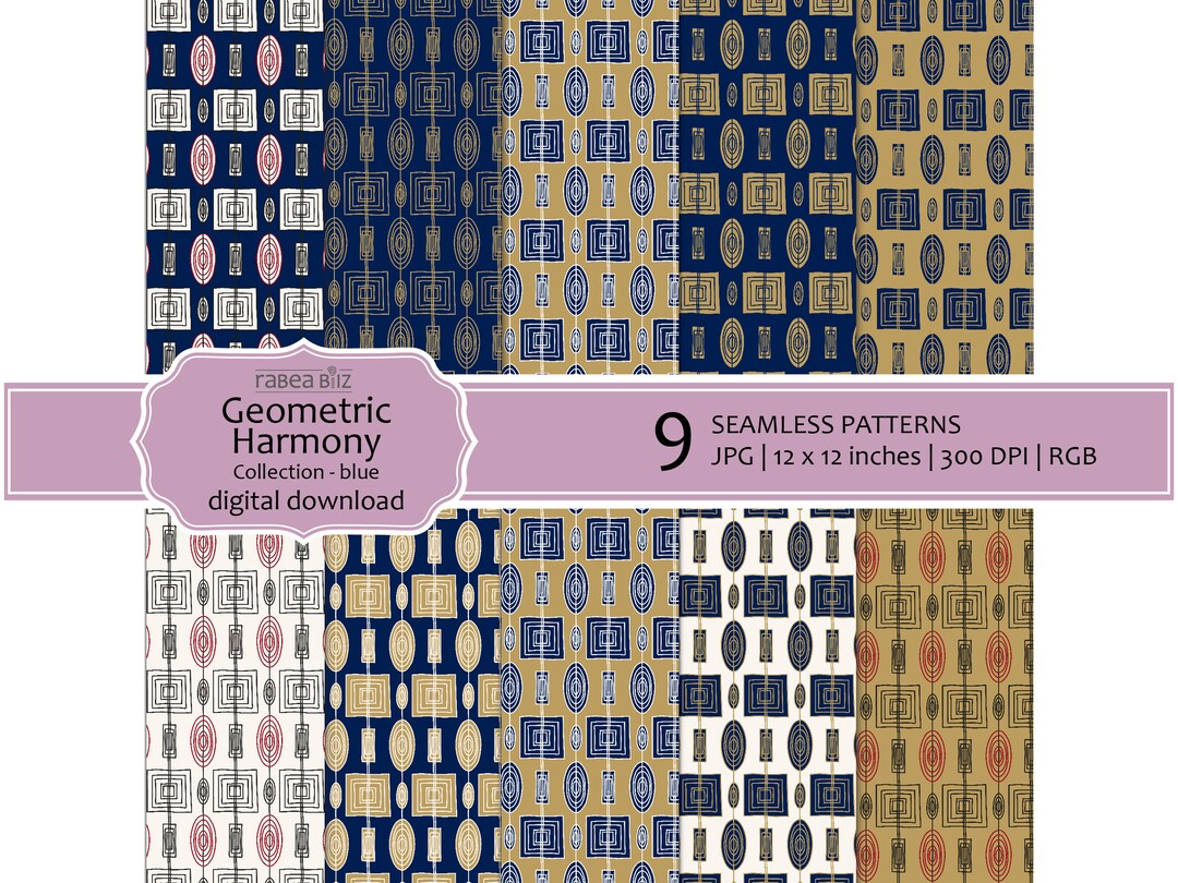 Geometric Pattern Digital Paper Bundle, Blue & Gold (digital Download ...