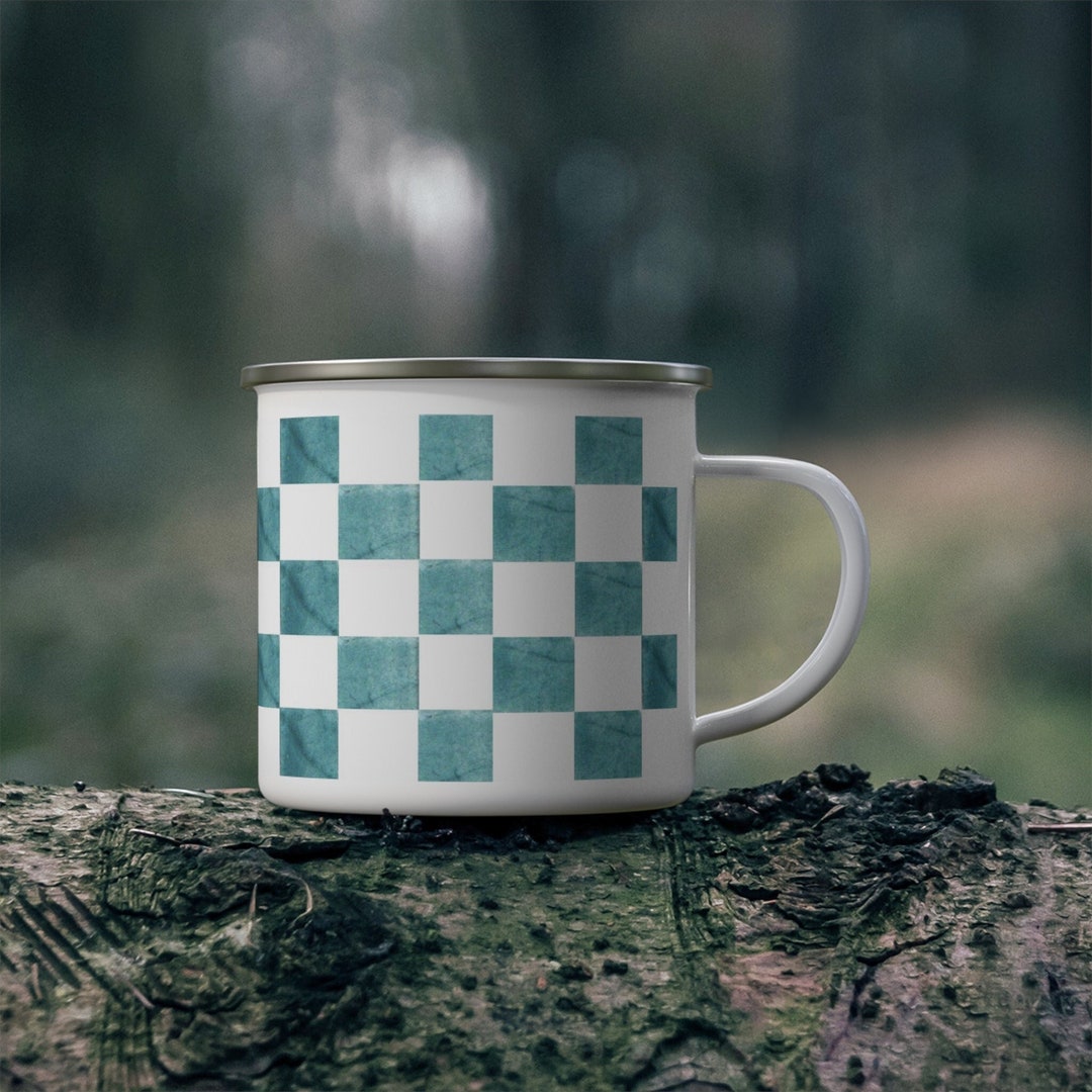 Teal Checkers Enamel Camping Mug, Outdoorsy Mug Campers Accessories ...