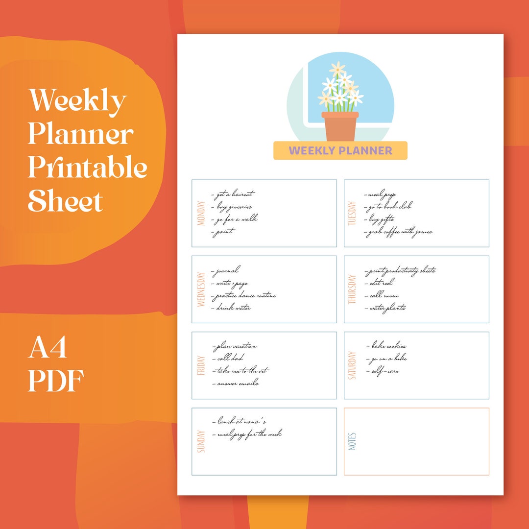 Weekly Planner Printable Sheet, Weekly Schedule, Weekly Organizer, PDF ...