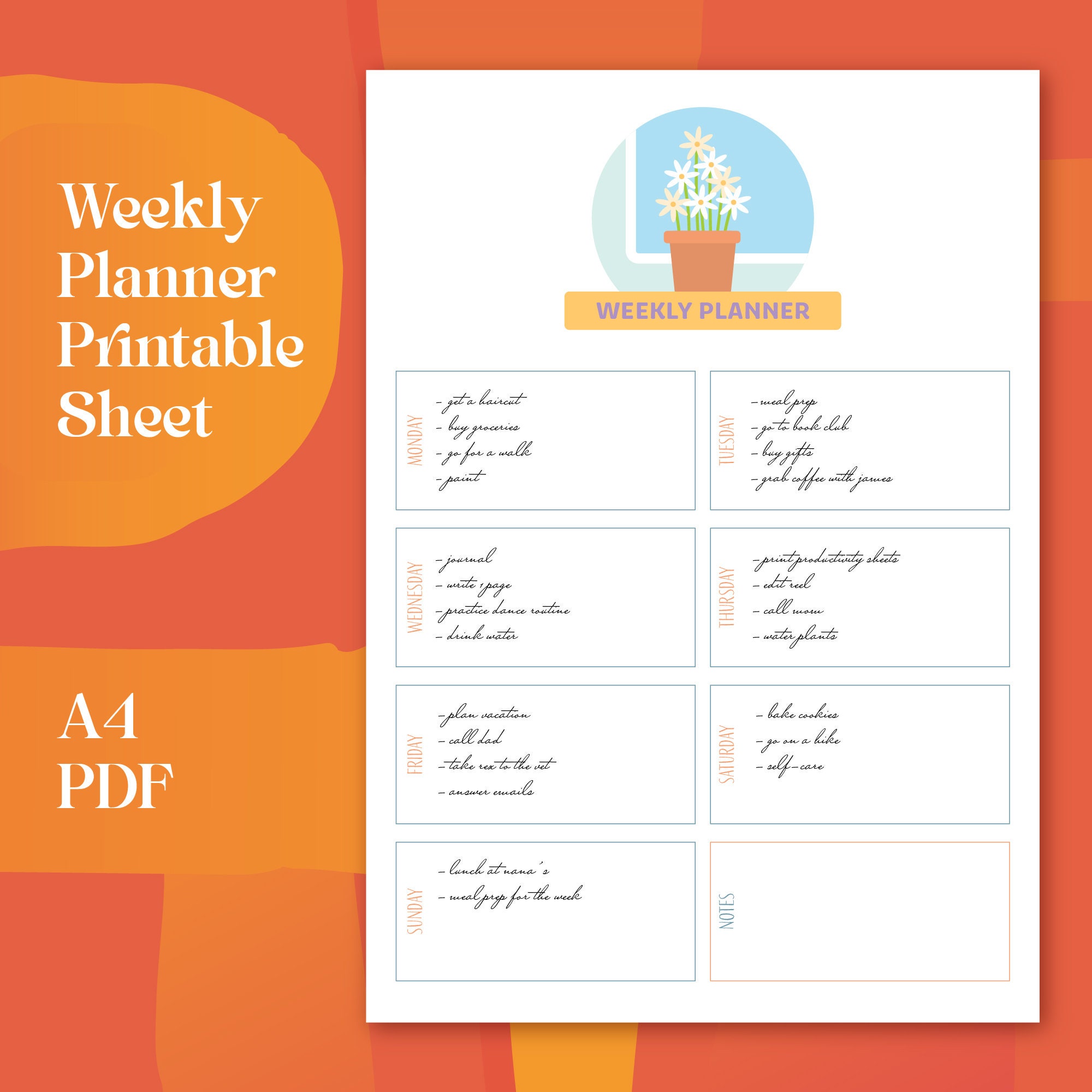 Weekly Planner Printable Sheet, Weekly Schedule, Weekly Organizer, PDF ...