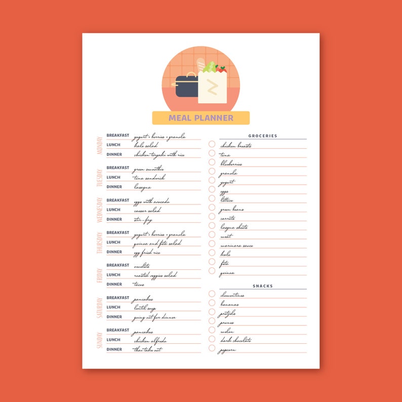 Weekly Meal Planner Printable Sheet, Food Diary, Meal Tracker, Food ...