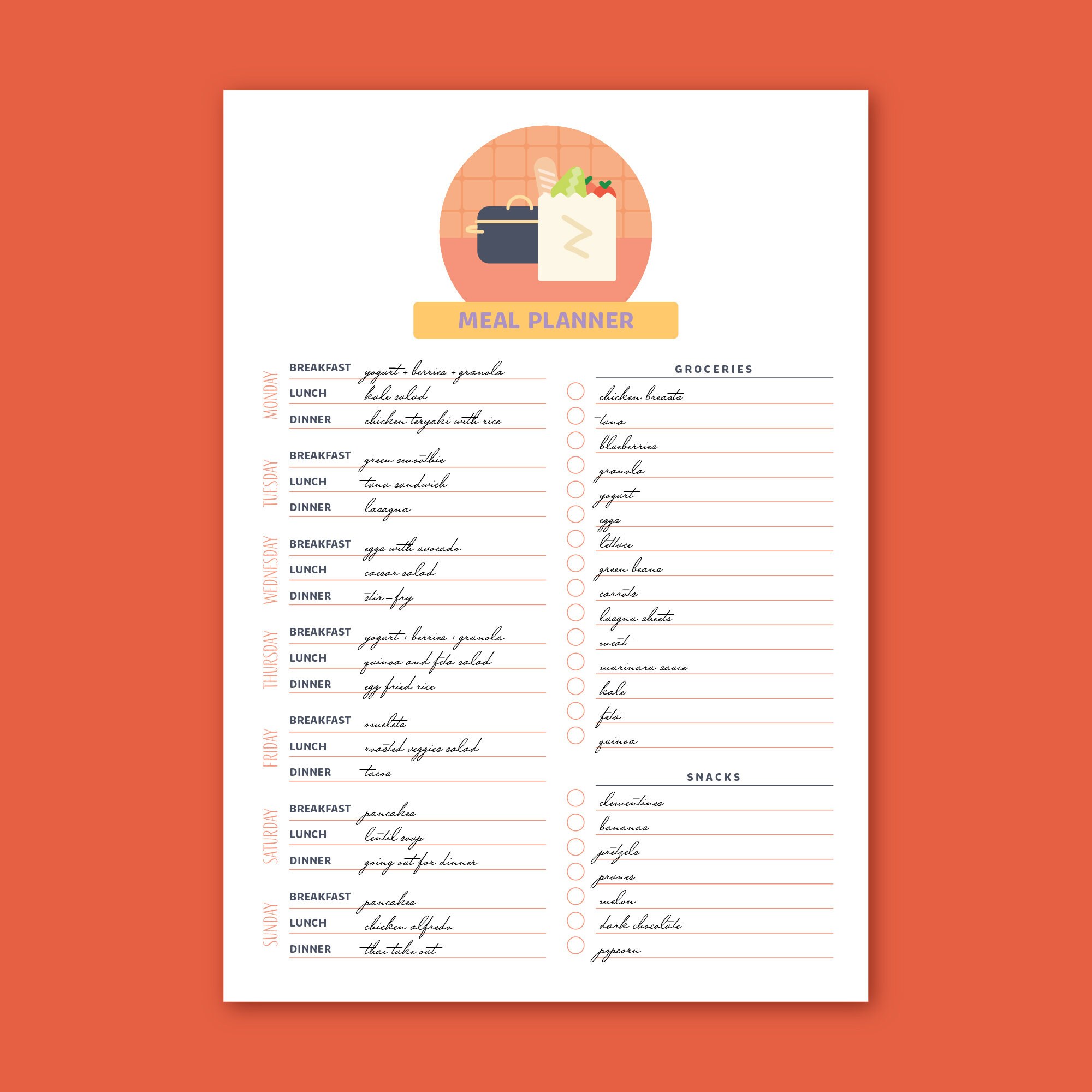 Weekly Meal Planner Printable Sheet, Food Diary, Meal Tracker, Food ...