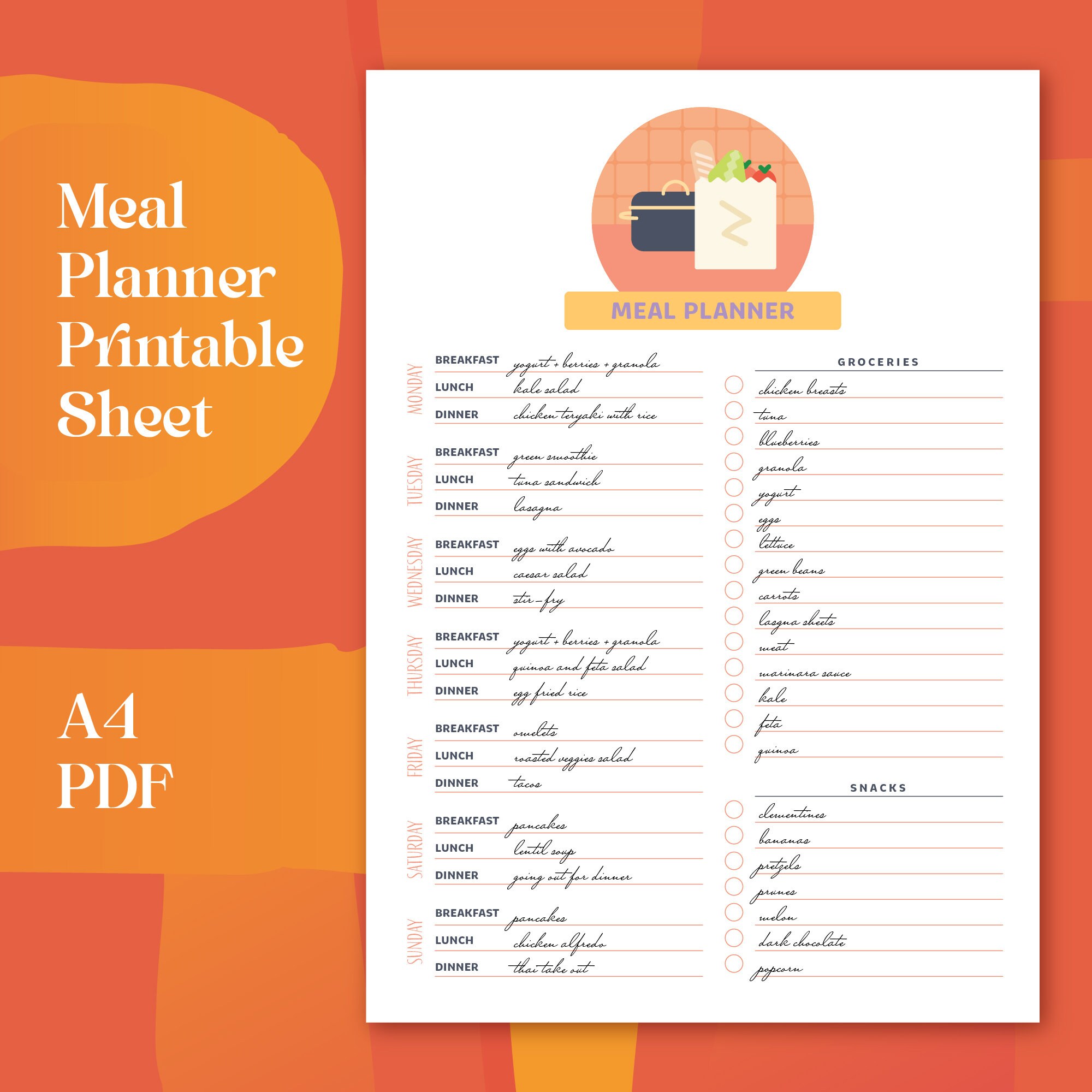 Weekly Meal Planner Printable Sheet, Food Diary, Meal Tracker, Food ...