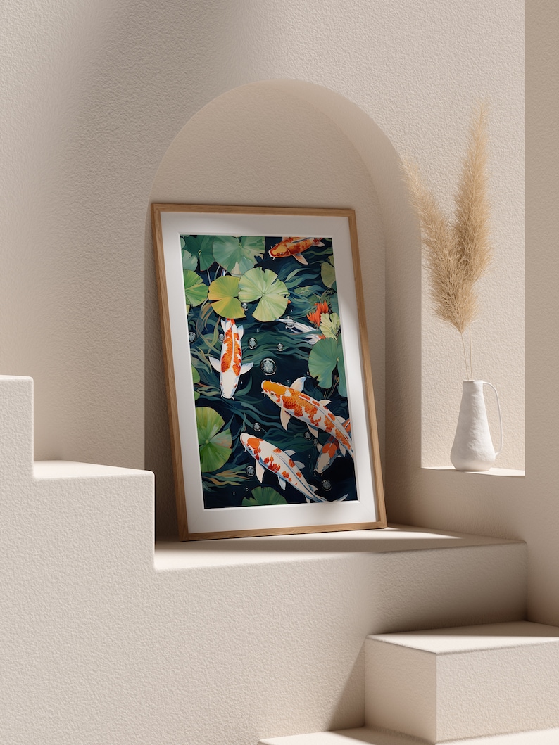 Koi Pond Poster, Asian Fish Decor, Koi Pond Painting, Lily Pad Pond ...