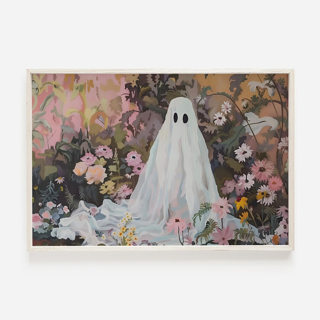 Ghost in Flower Garden Print, Spooky Feminine Wall Art, Pink Ghost ...