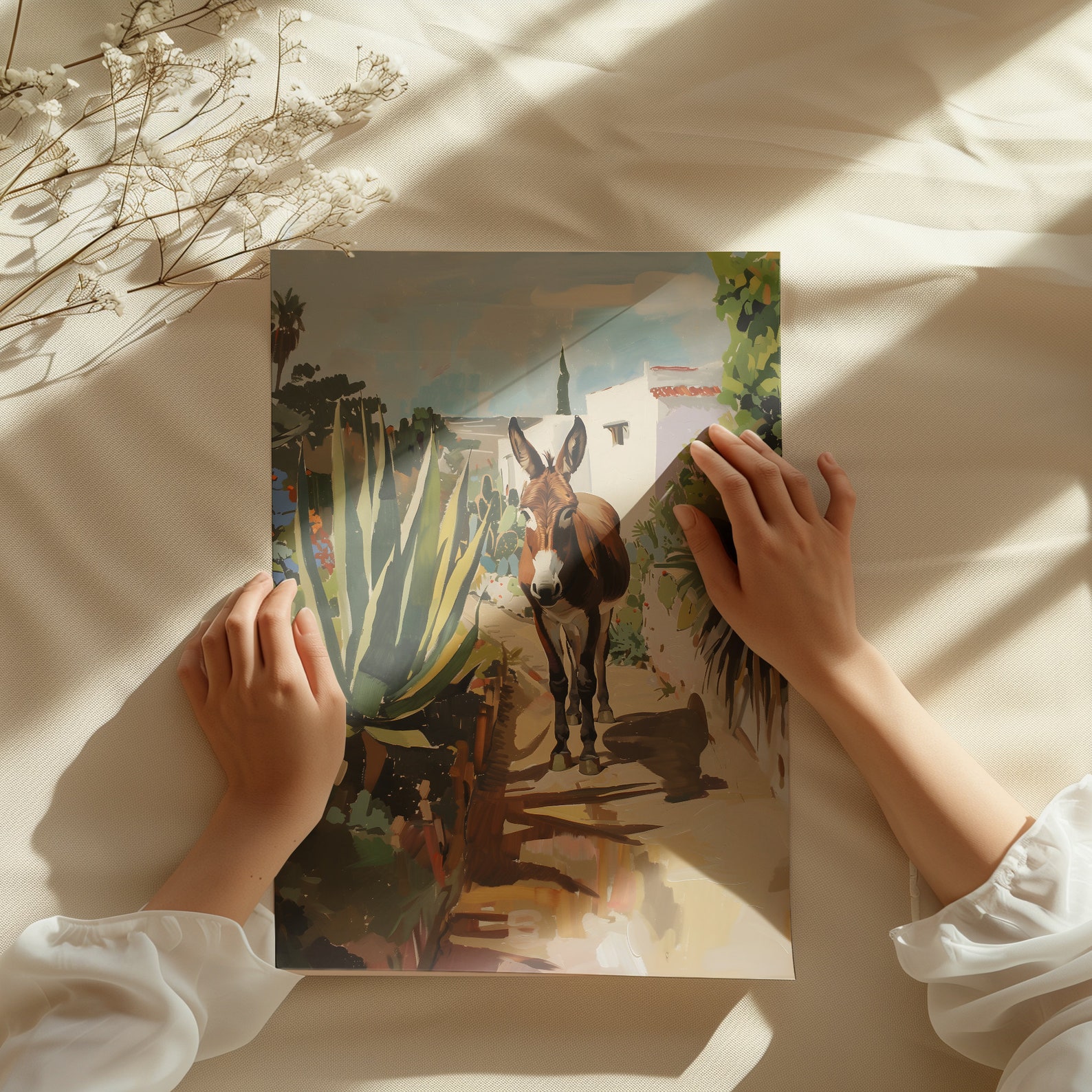 Mexico Donkey Print, Southwest Cactus Art, Donkey Scenery Poster, Oil ...