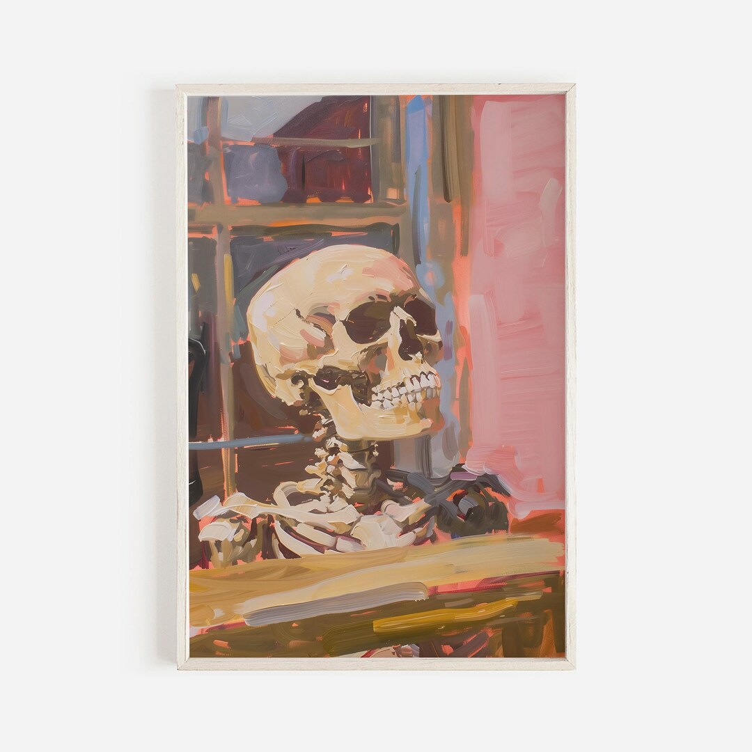 Pink Skeleton Wall Art, Pastel Vintage Painting, Spooky Season Vibes ...