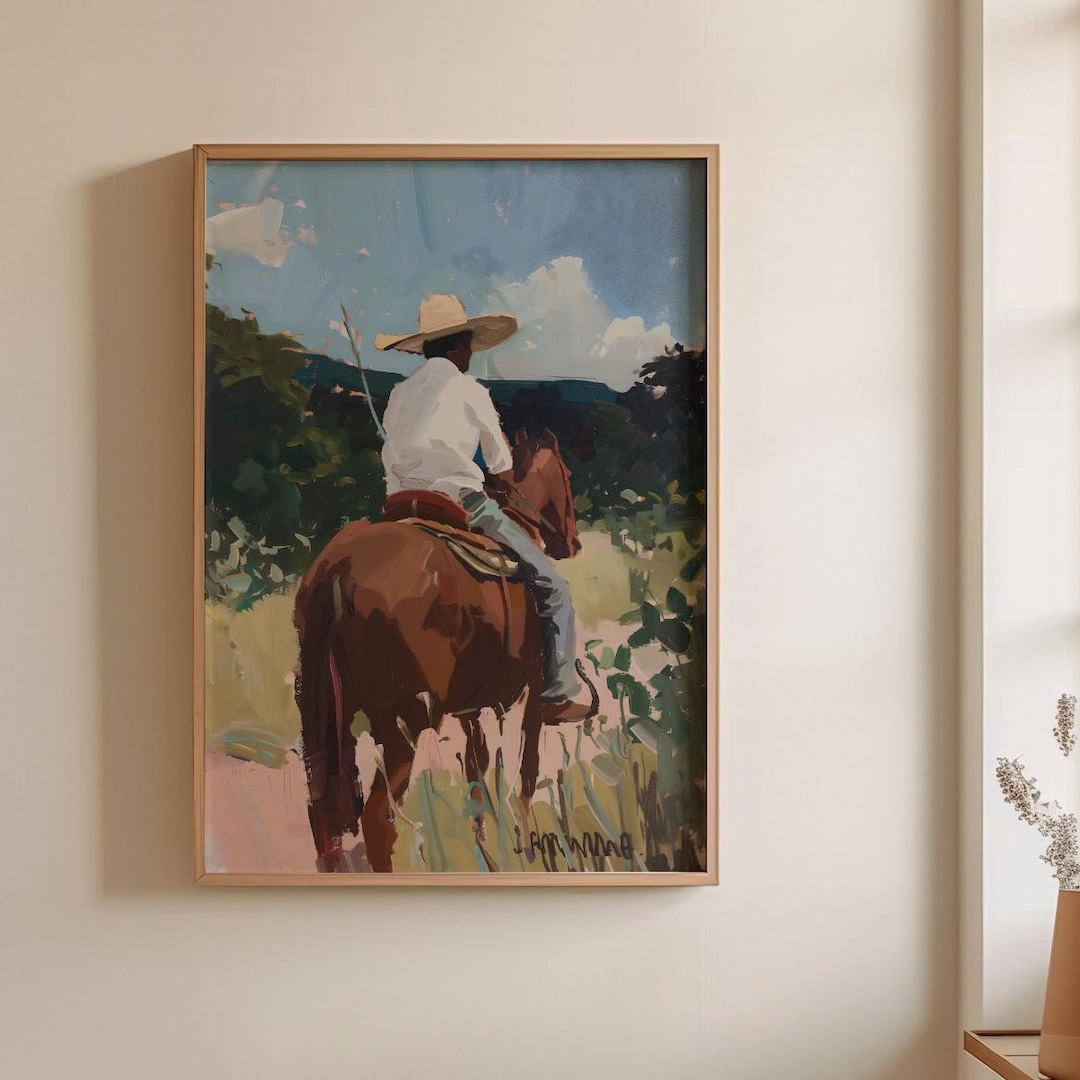 Vaquero on Horseback Wall Art, Mexico Ranch Hand Painting, Vintage ...