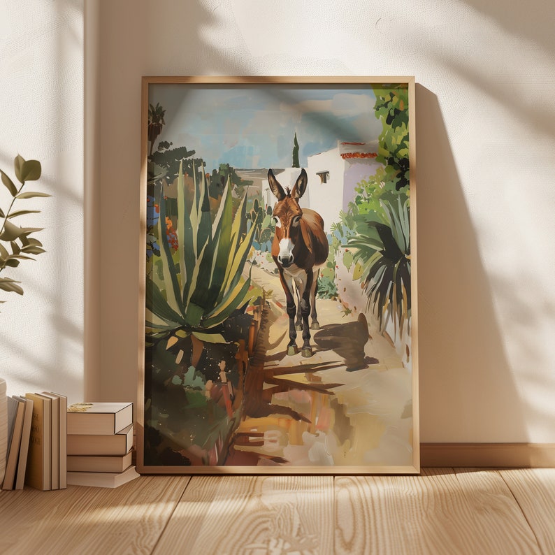 Mexico Donkey Print, Southwest Cactus Art, Donkey Scenery Poster, Oil ...