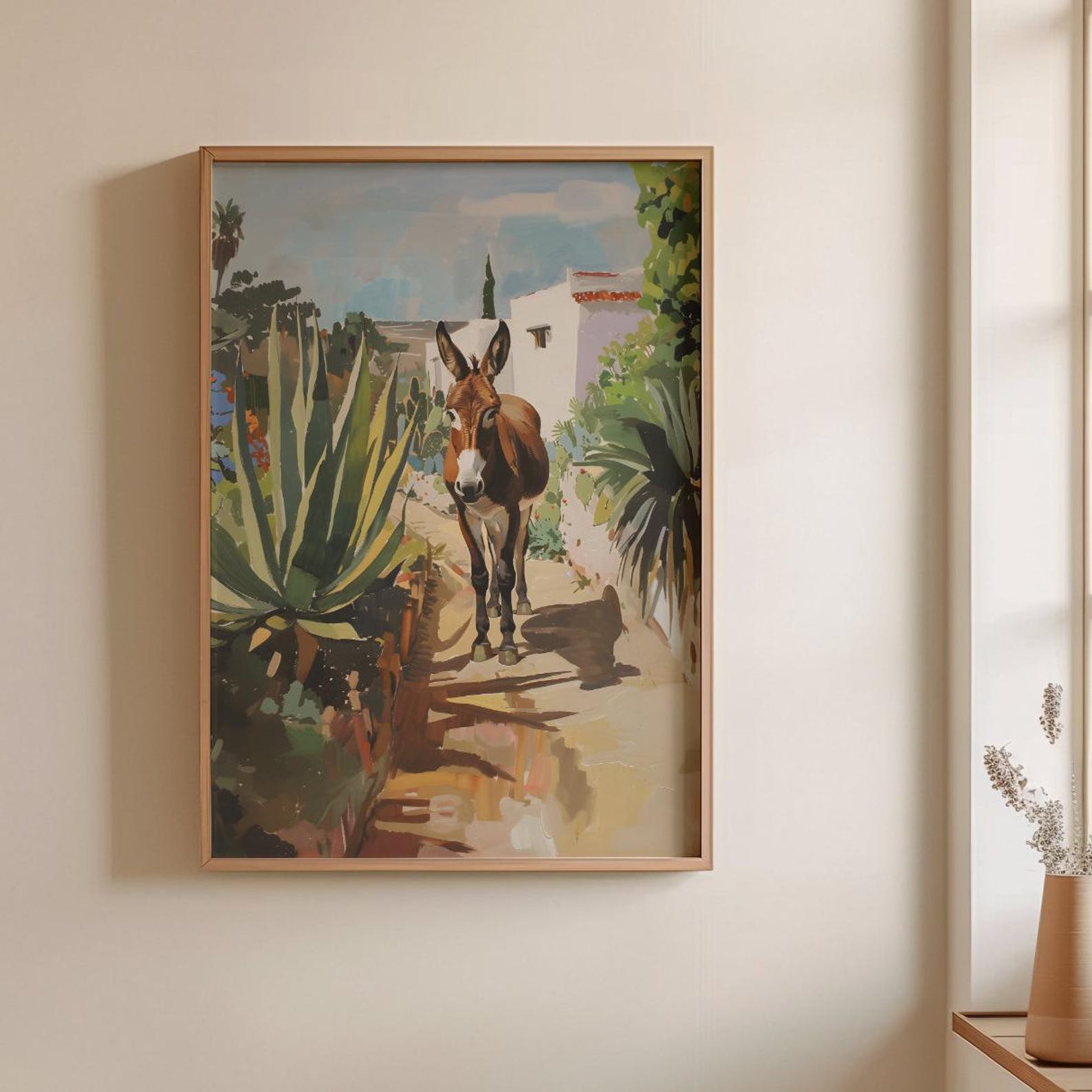 Mexico Donkey Print, Southwest Cactus Art, Donkey Scenery Poster, Oil ...