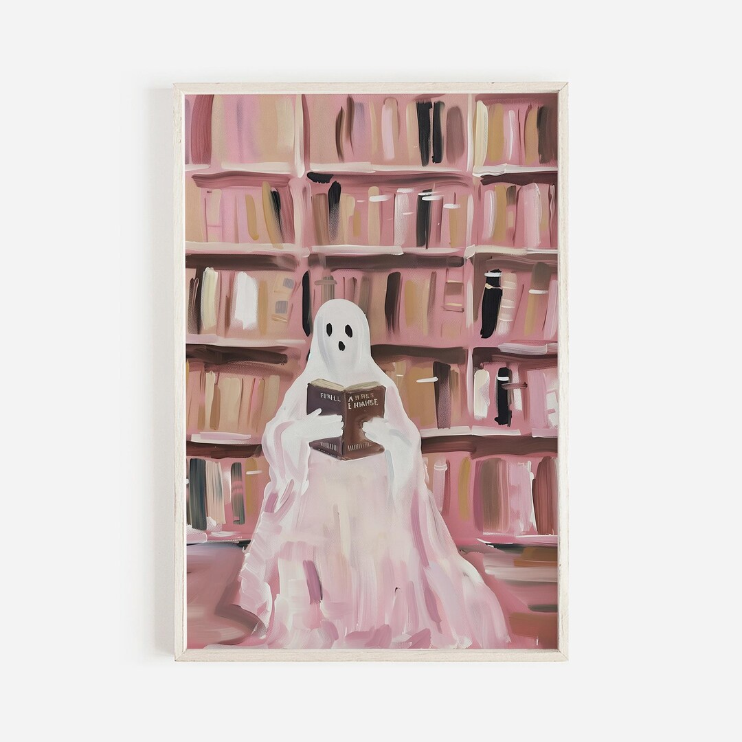 Ghost Reading Scary Story Print, Library Ghost Poster, Pink Halloween ...