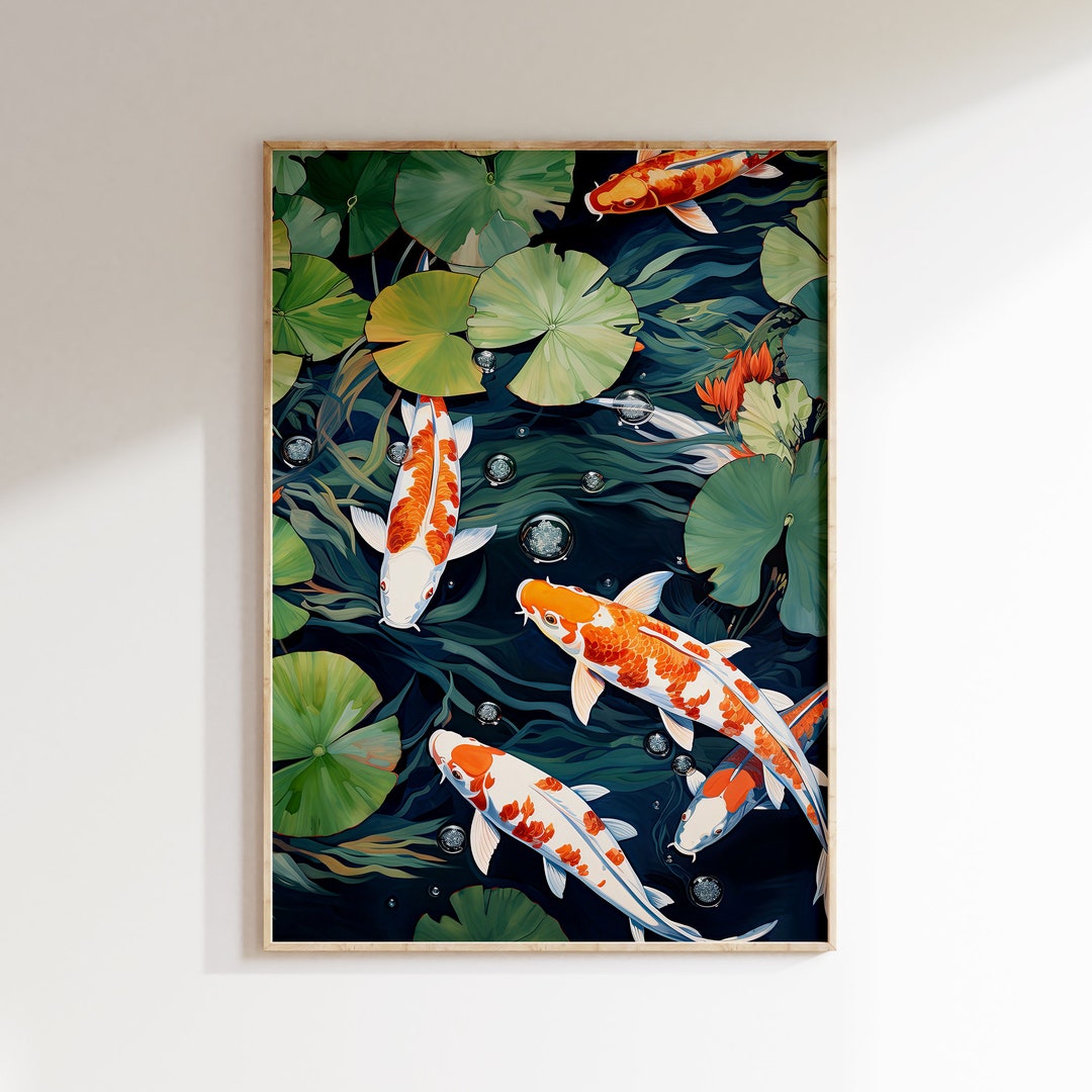 Koi Pond Poster, Asian Fish Decor, Koi Pond Painting, Lily Pad Pond ...