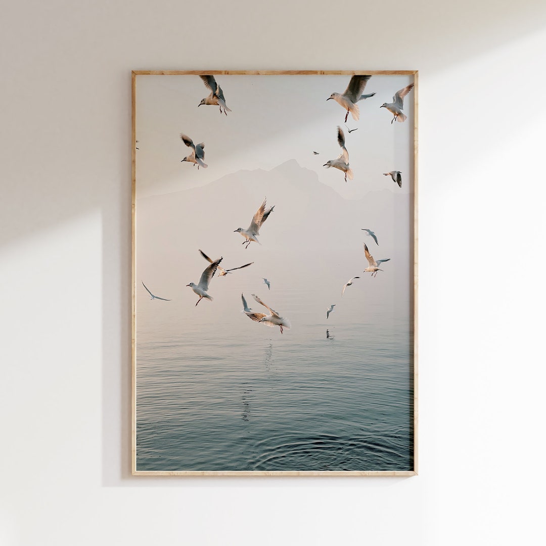 Ocean Seagulls Poster, Pastel Beach Print, Ocean Sunset Decor, Warm ...